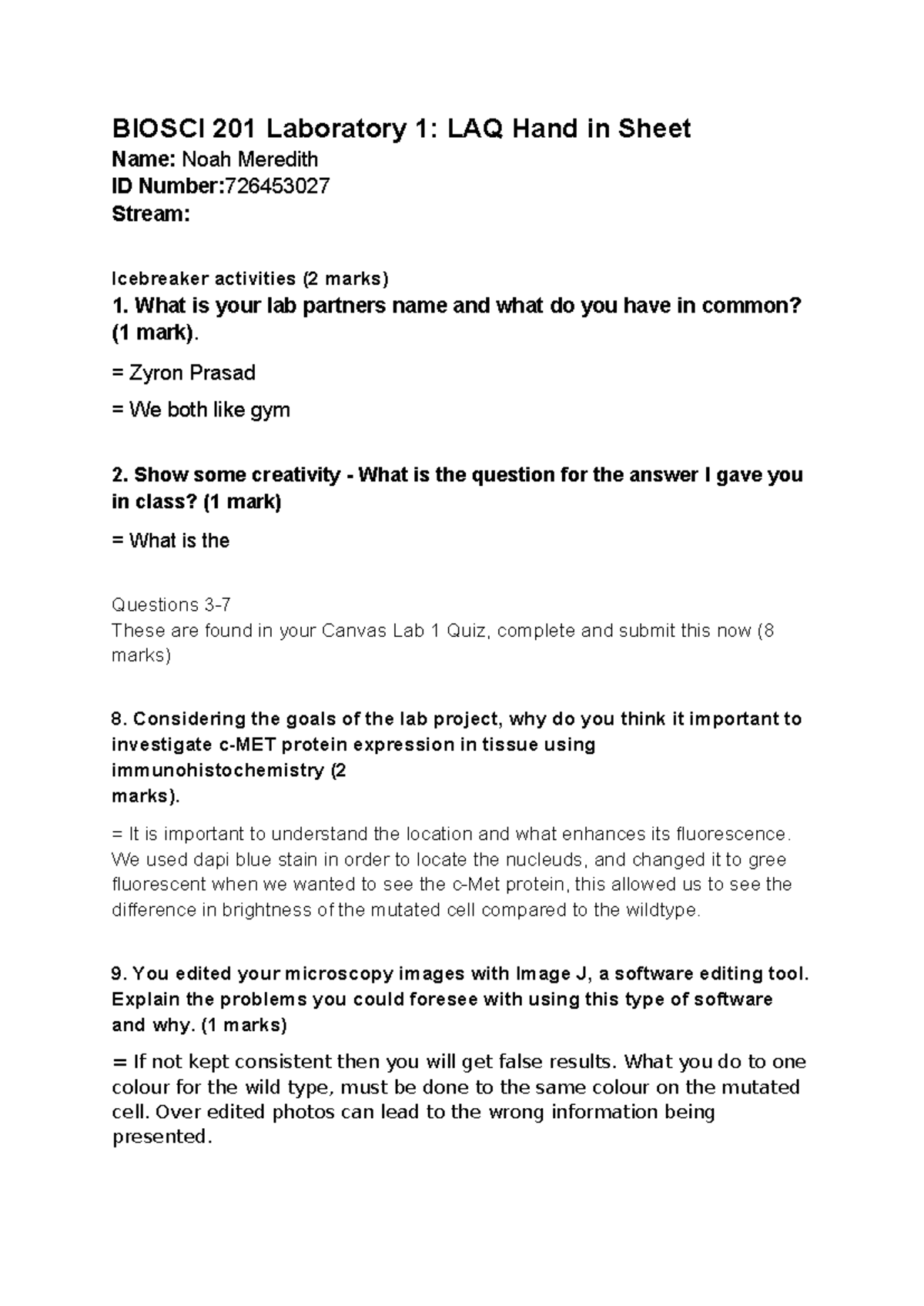 Biosci 201 Laboratory 1 - BIOSCI 201 Laboratory 1: LAQ Hand in Sheet ...
