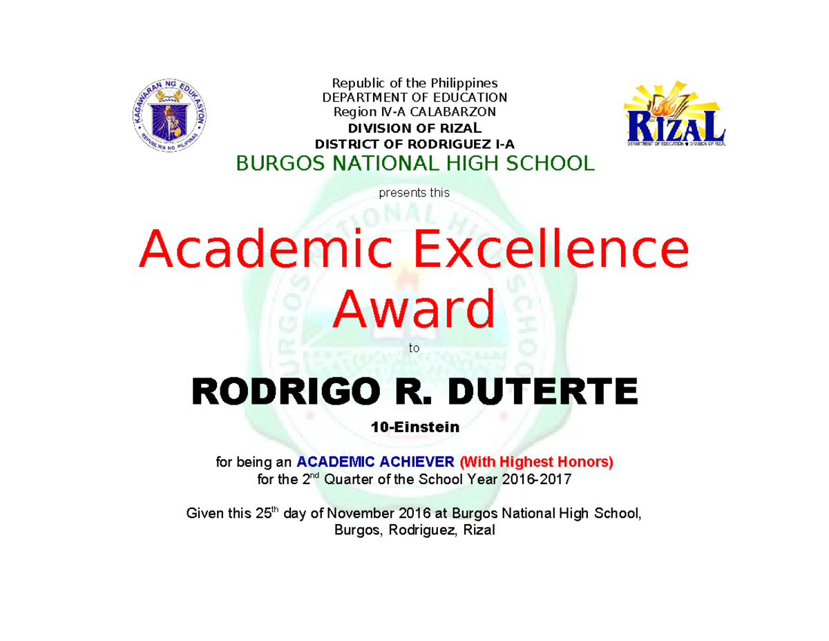 Classroom Award Certificate Template - Republic of the Philippines ...