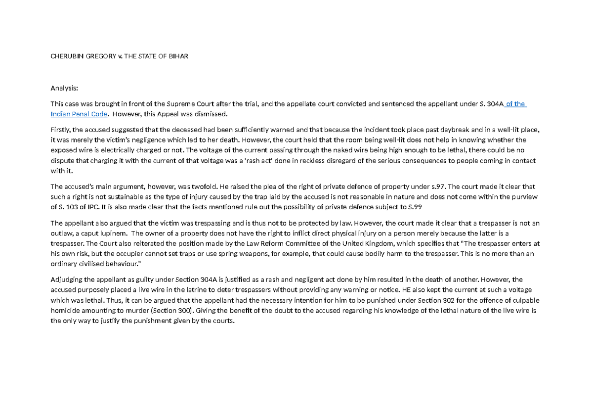 Cherubin Gregory Case - CHERUBIN GREGORY v. THE STATE OF BIHAR Analysis: This case was brought ...