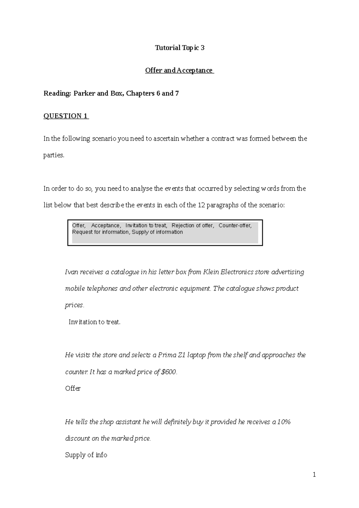 Tutorial Topic 3 Week 4 Offer and acceptance 1 - Tutorial Topic 3 Offer and Acceptance Reading ...