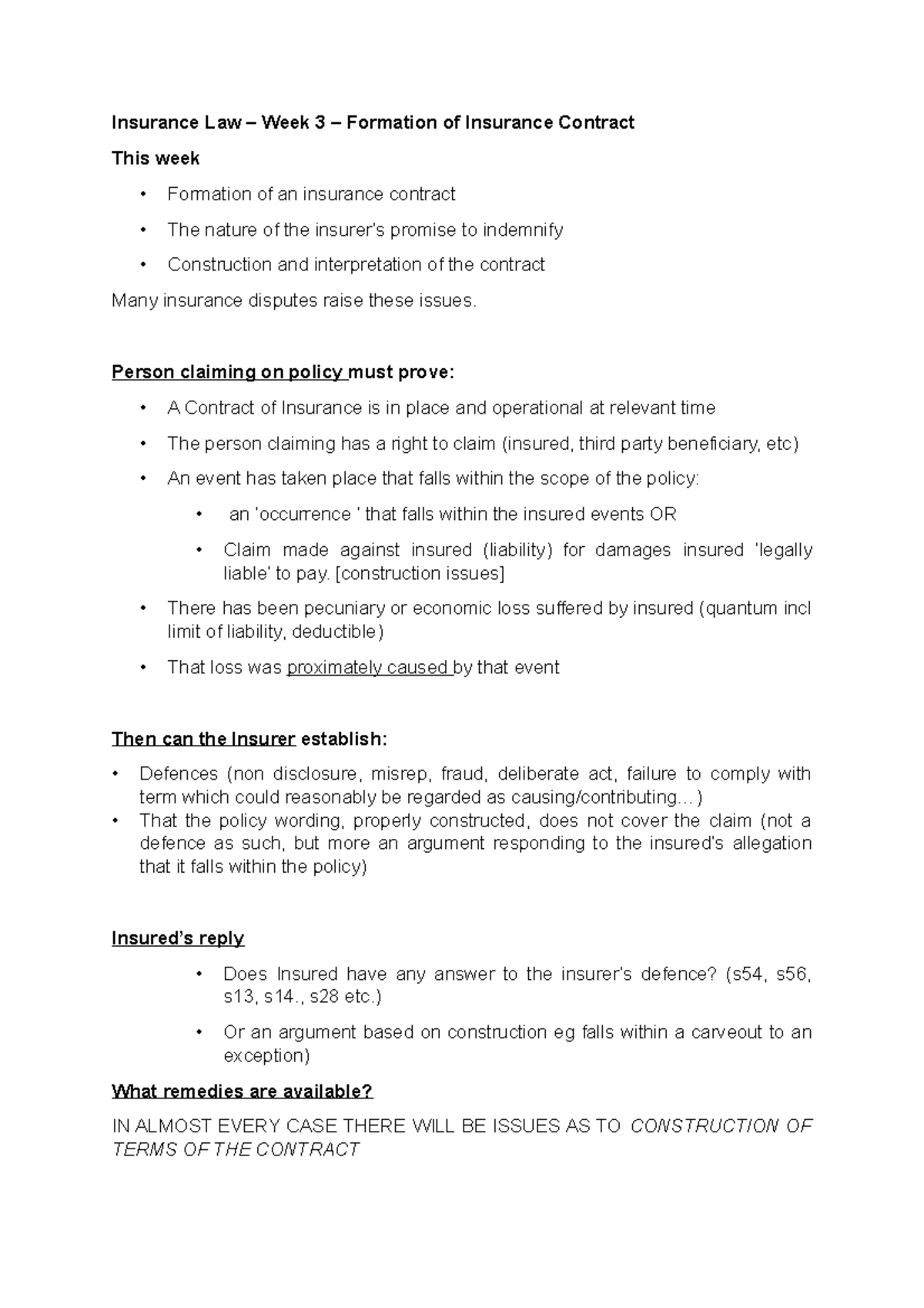 Week 3 - Construction of Contract - Insurance Law – Week 3 – Formation ...