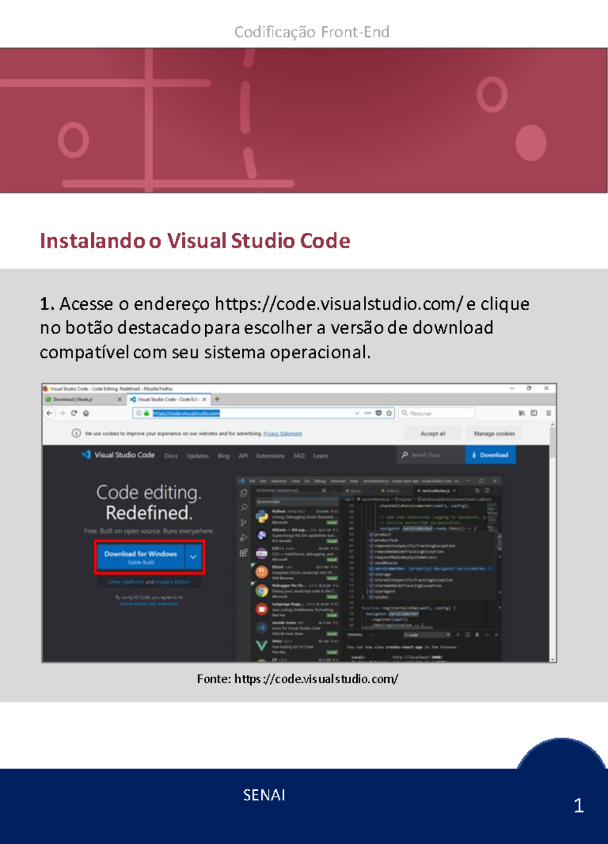 Cod Front instalando VSCode - SENAI Instalando o Visual Studio Code 1 ...