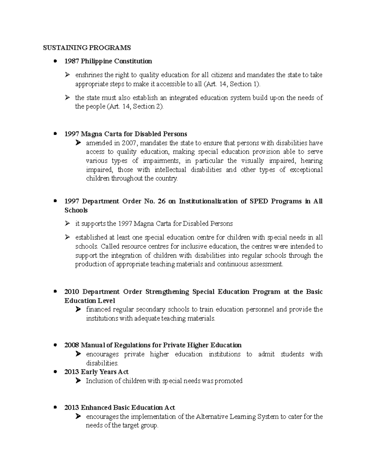 Sustaining Programs - SUSTAINING PROGRAMS 1987 Philippine Constitution enshrines the right to ...