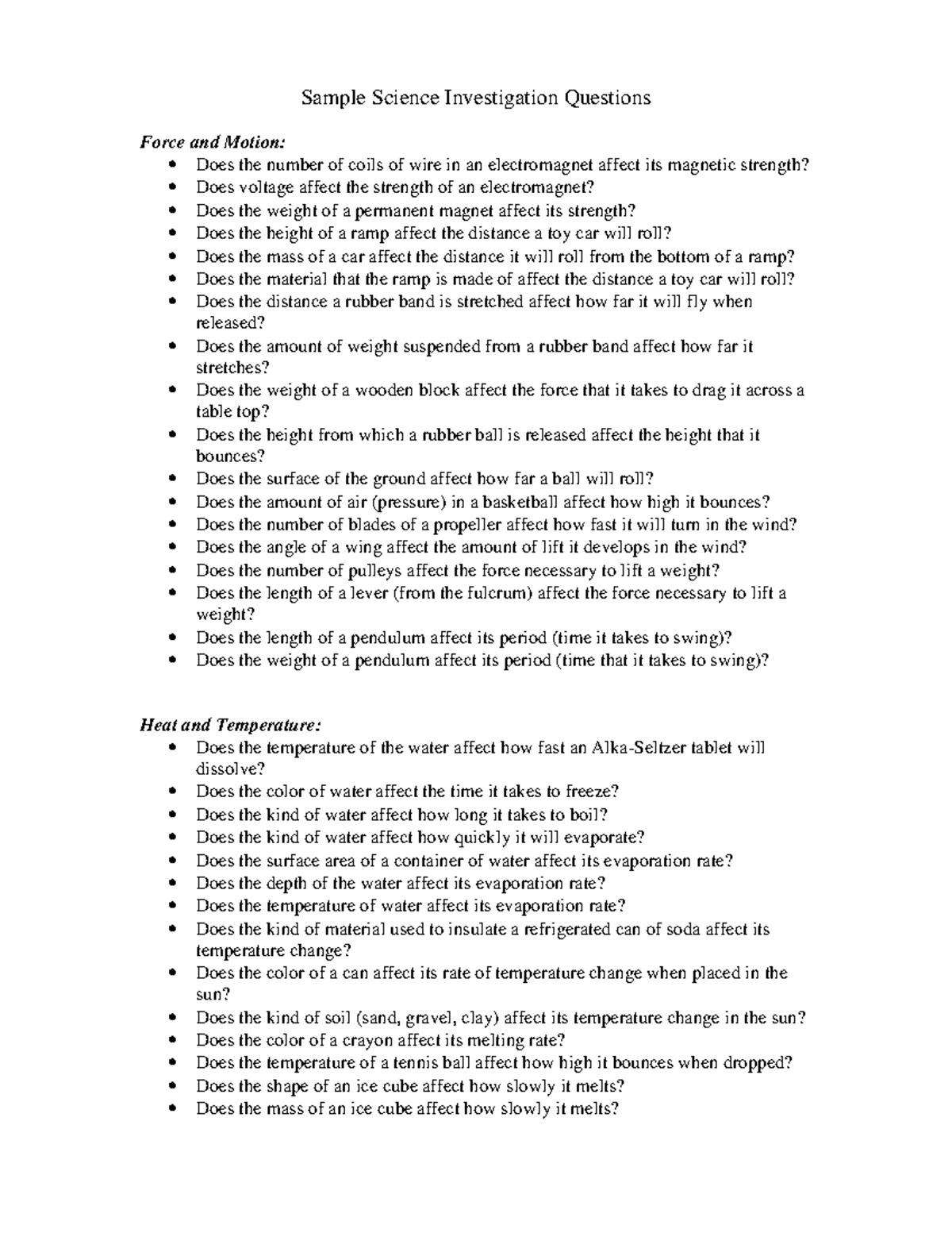 Sci Investigation Questions - Sample Science Investigation Questions ...