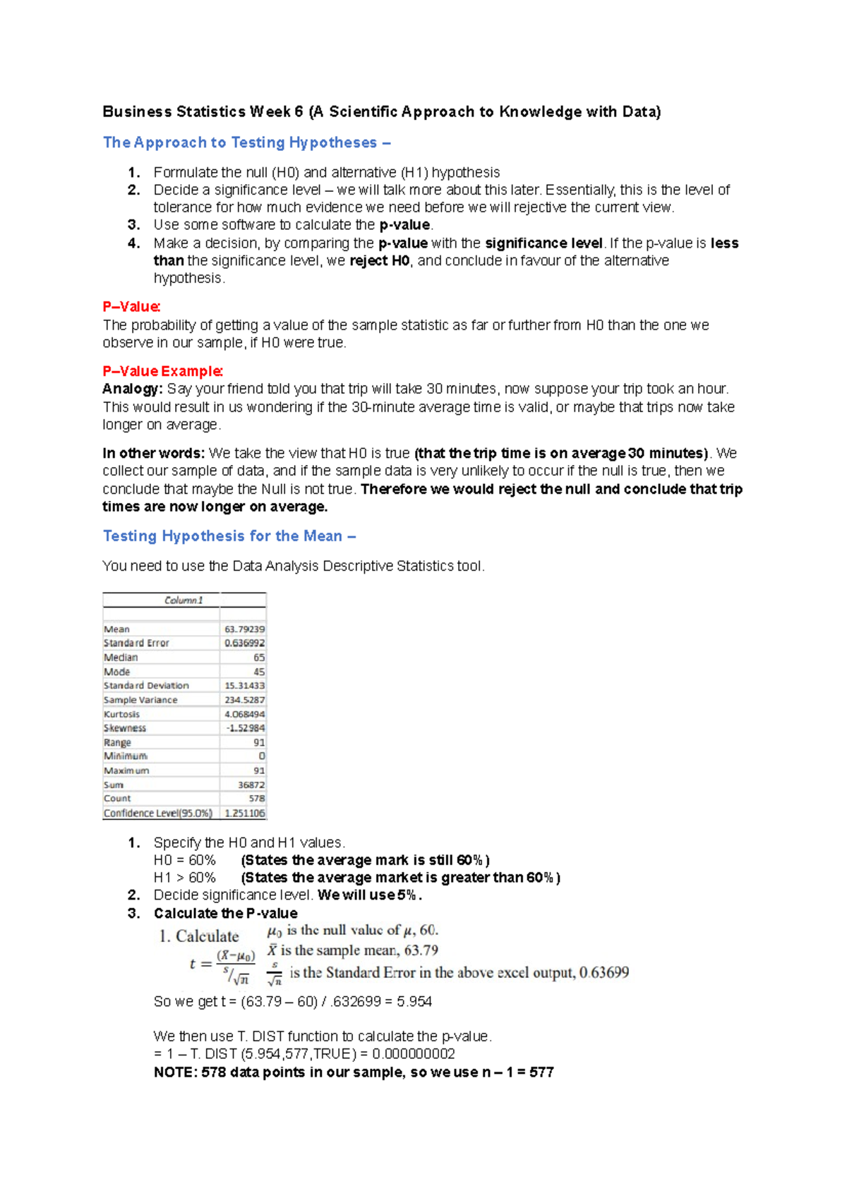 Business Statistics Week 6 - Formulate the null (H0) and alternative ...