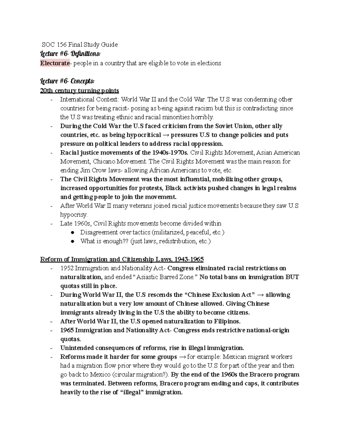 Final Study Guide - SOC 156 Final Study Guide Lectur #6- Definition ...