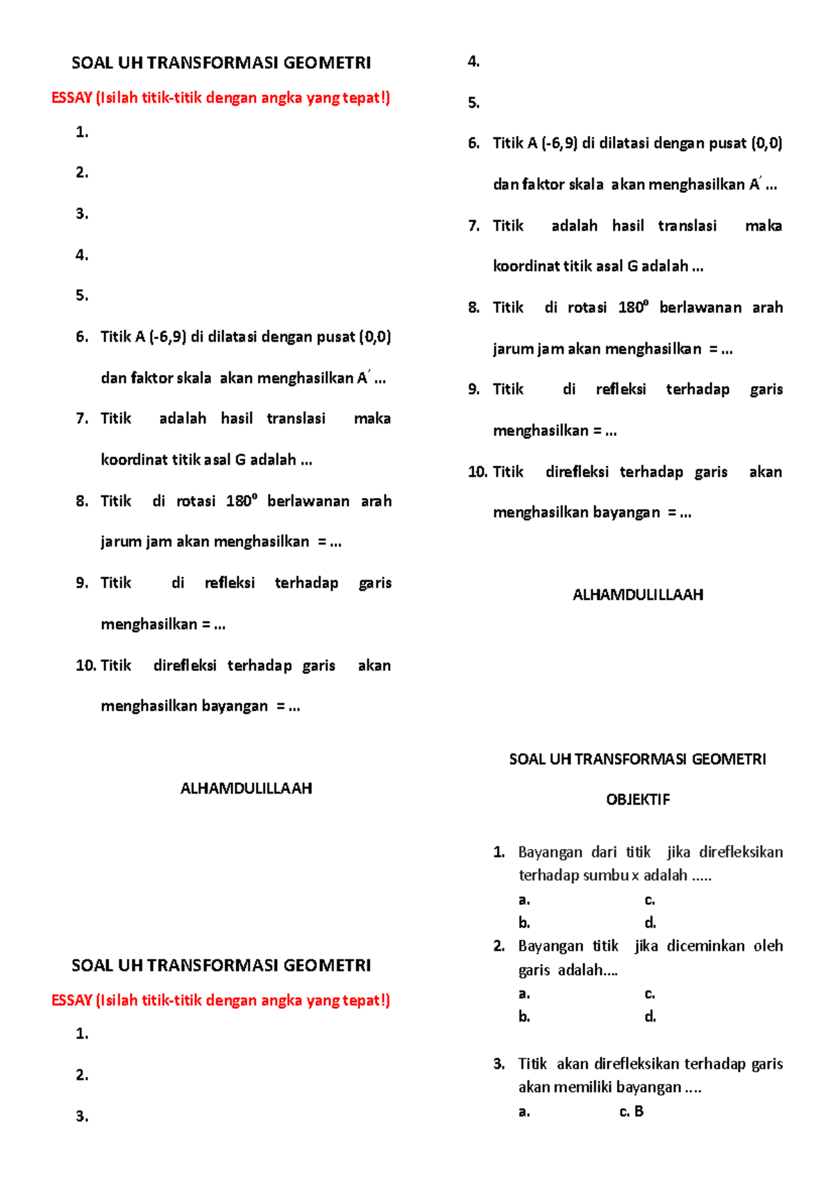 SOAL TB Transformasi kls 9 new - SOAL UH TRANSFORMASI GEOMETRI ESSAY ...