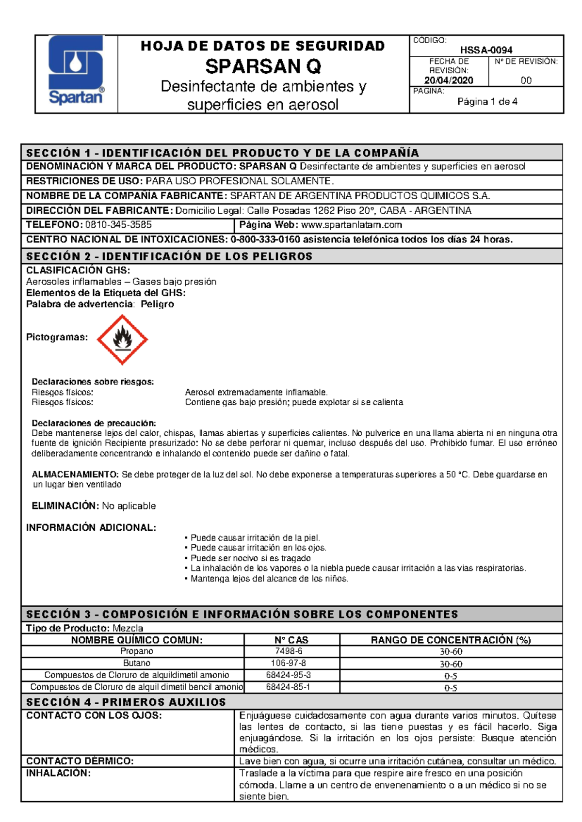 Desinfectante EN Aerosol - HOJA DE DATOS DE SEGURIDAD SPARSAN Q ...
