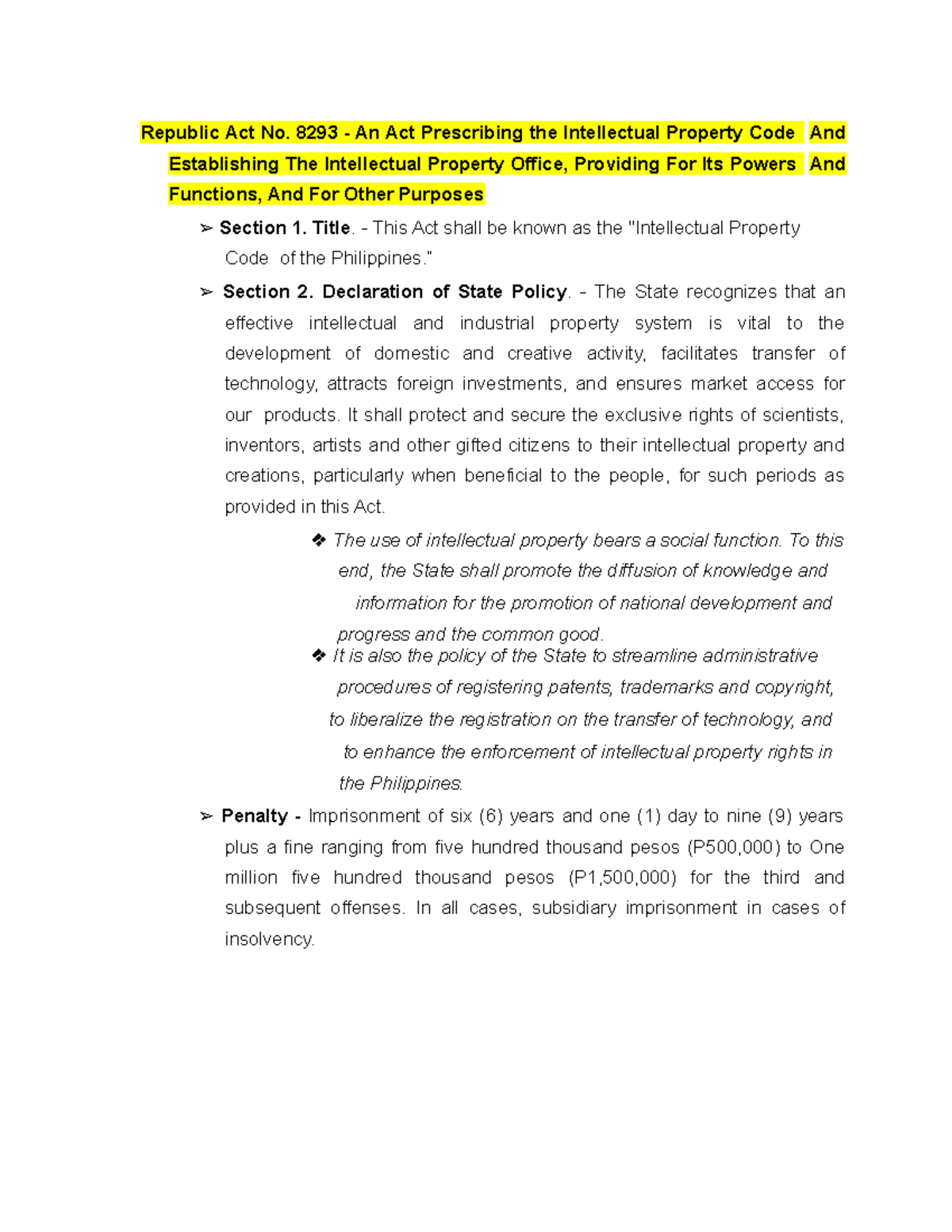 Republic Act No 8293 Law Analyzation And Facts Republic Act No