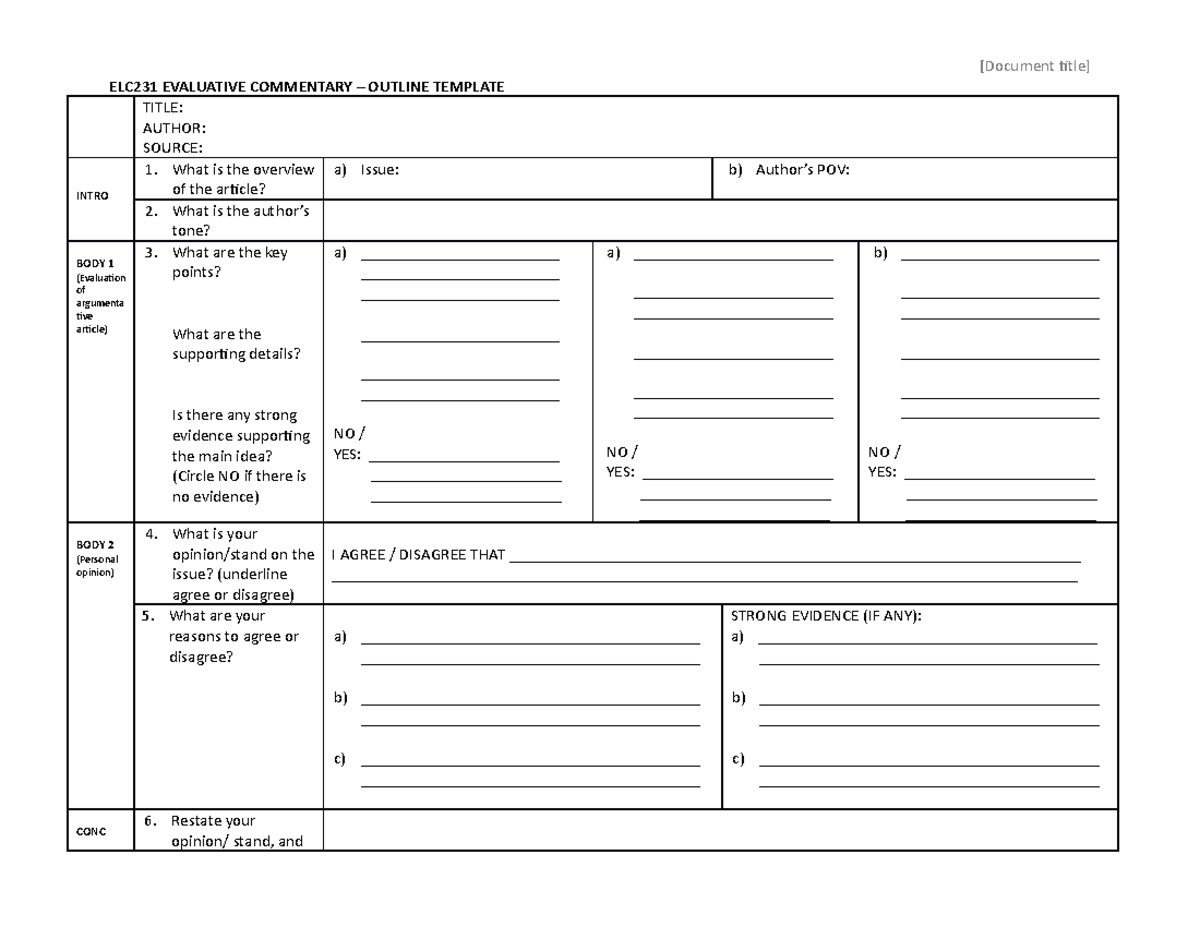 Evaluative Commentary - Outline Template - [Document title] ELC231 ...