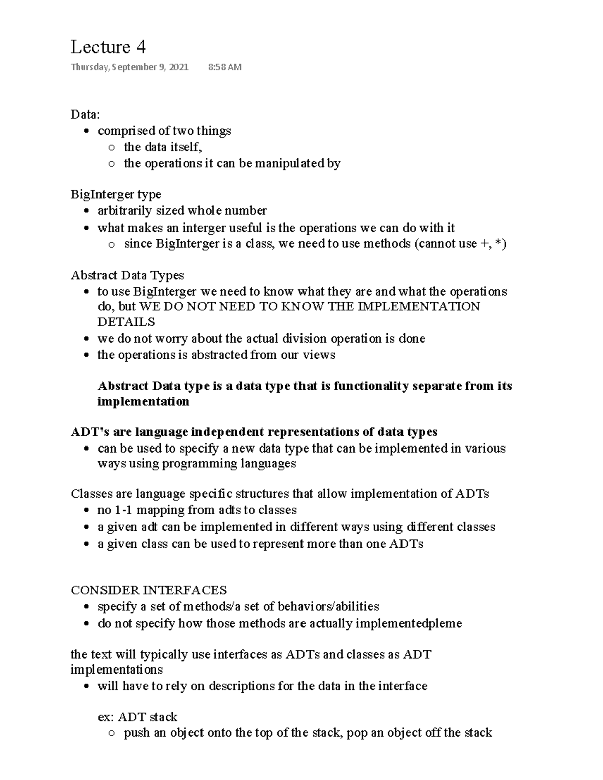 Intermediate Programming Lec4 Data Comprised Of Two Things The Data Itself The Operations It 3400