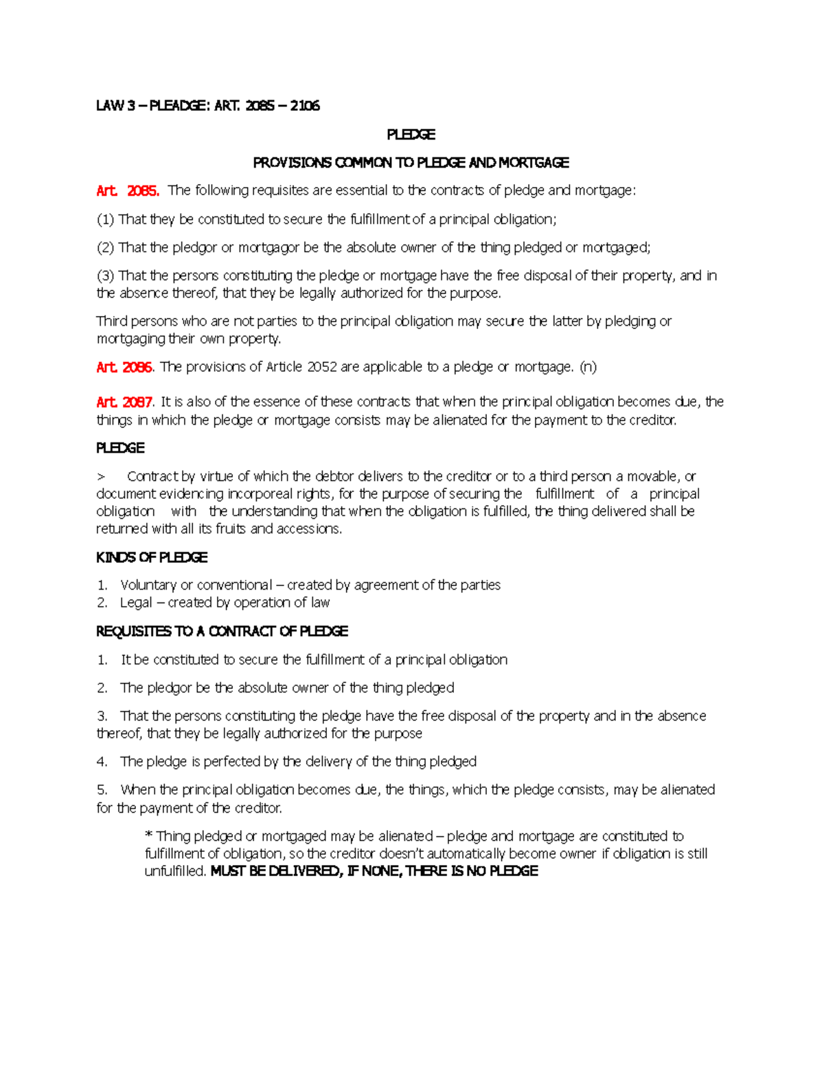 LAW-3-ART - Business Law - LAW 3 – PLEADGE: ART. 2085 – 2106 PLEDGE ...