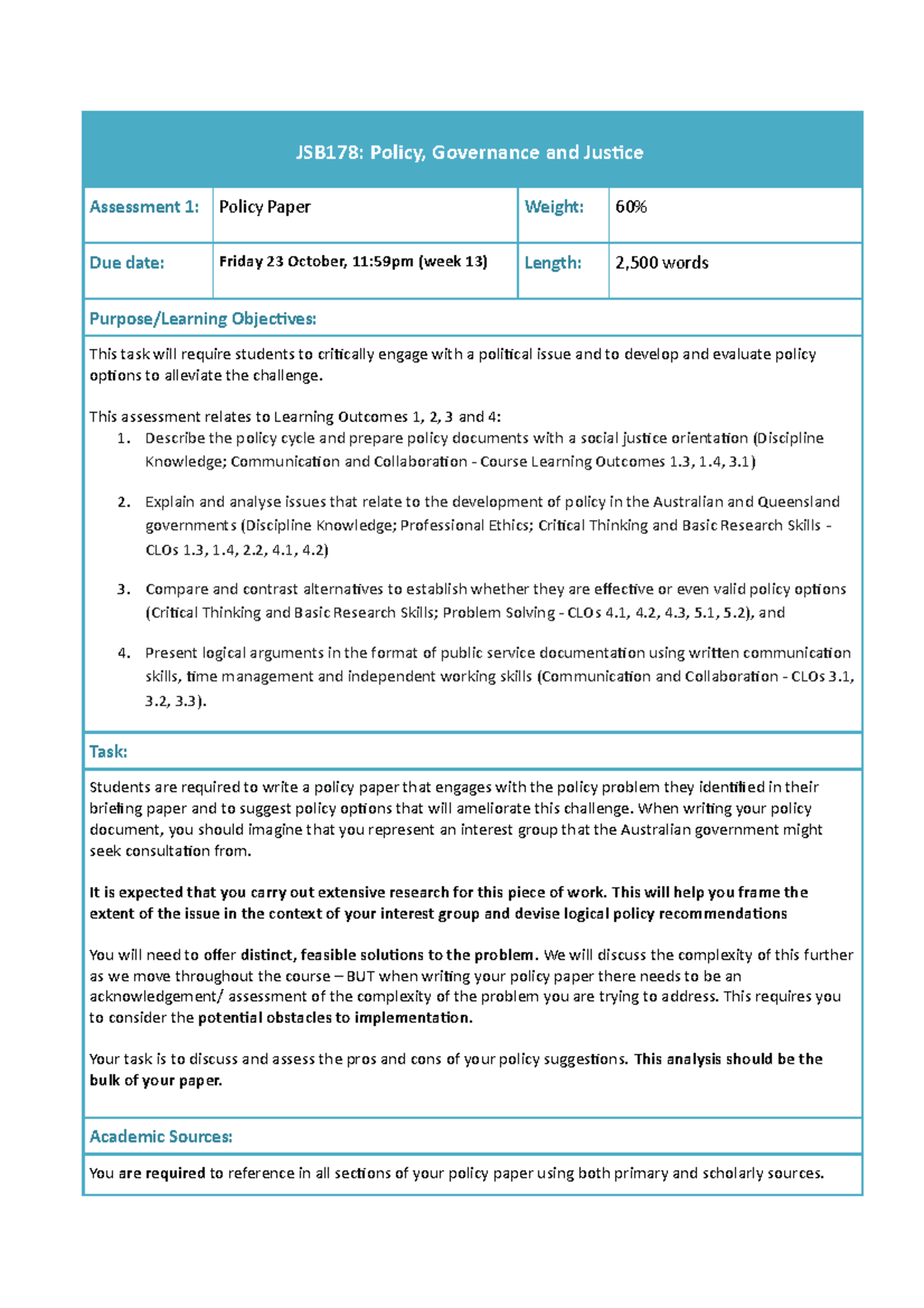 JSB178 Assessment 2 Policy Paper Task Sheet - JSB178: Policy ...