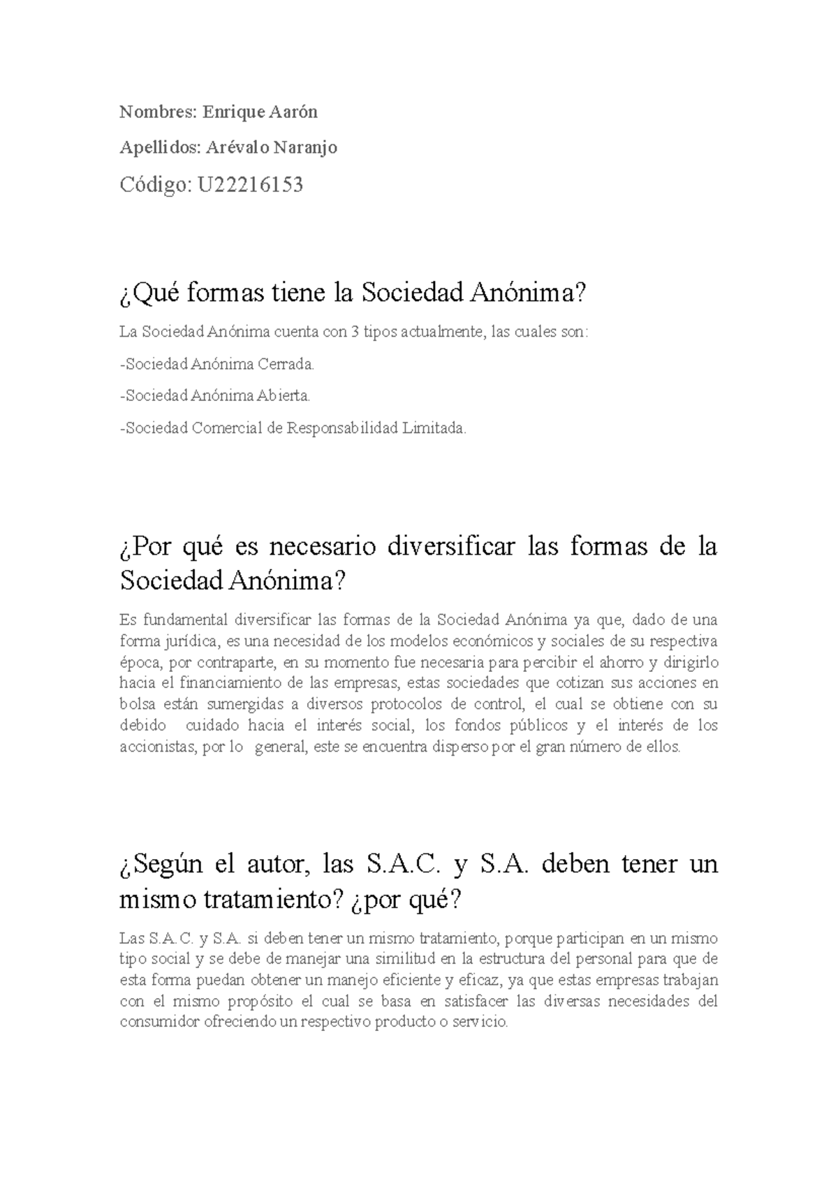Derecho empresarial sem, 6 - Nombres: Enrique Aarón Apellidos: Arévalo ...