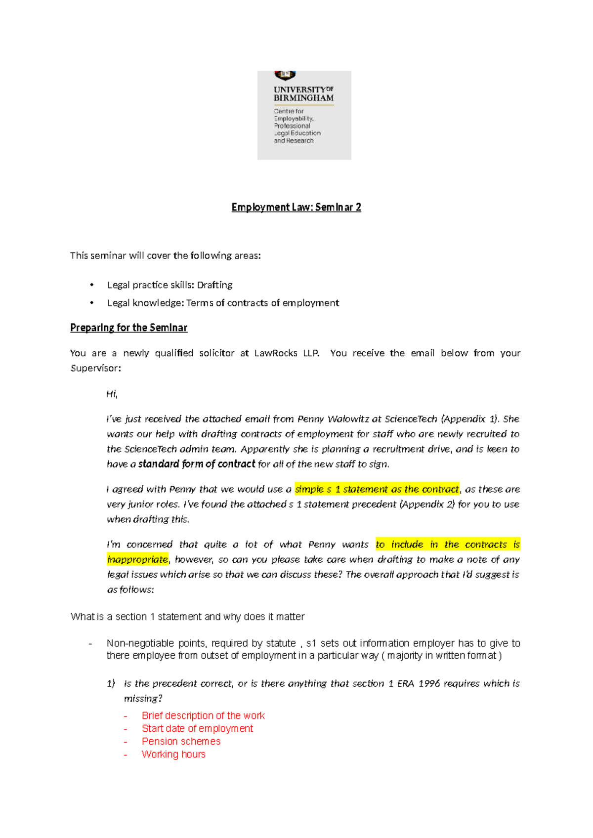 Employment Law in Practice - Seminar 2 - Student Handout 24-25 ...