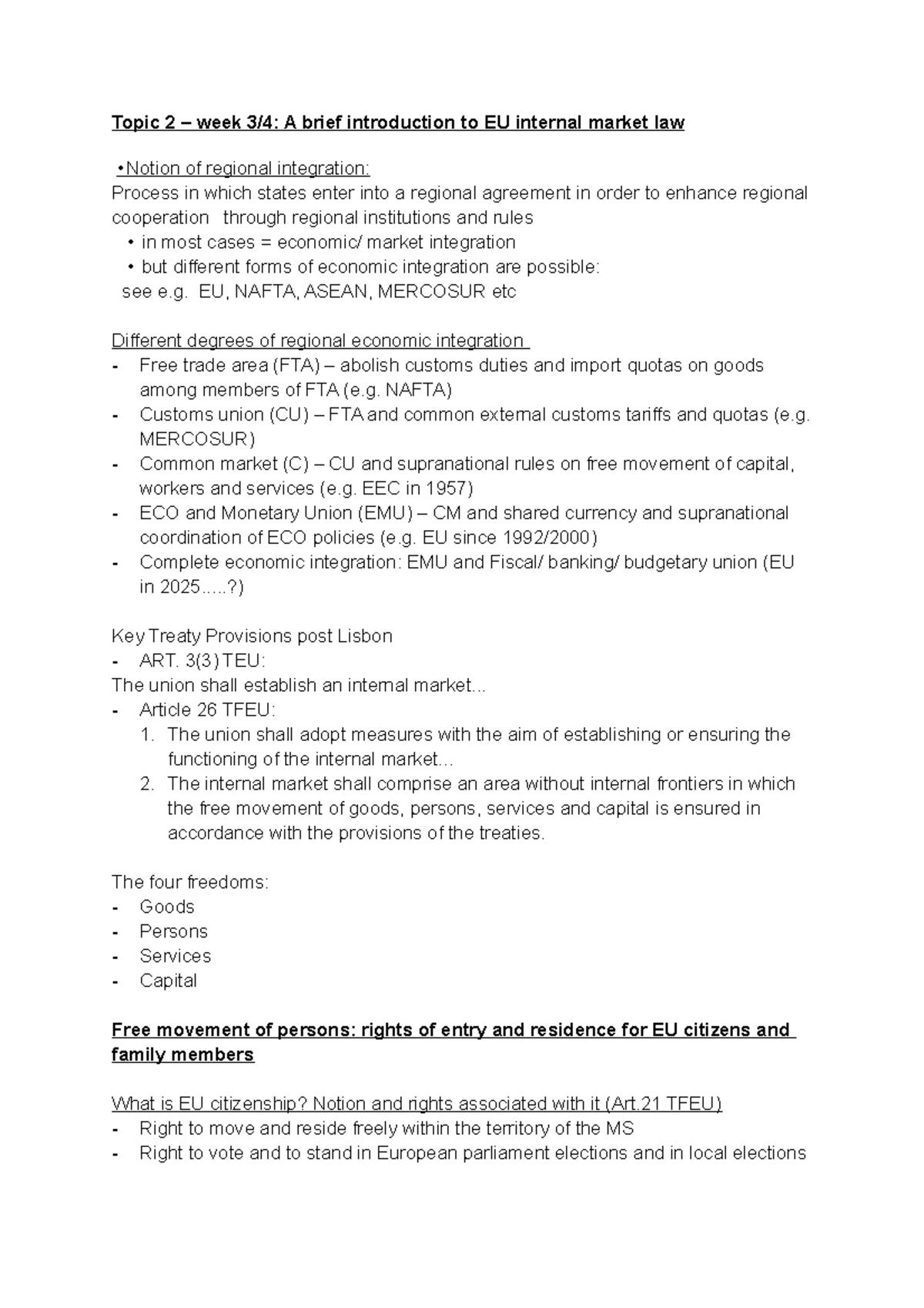 EU internal Market - Summarised Lecture notes - Topic 2 – week 3/4: A ...