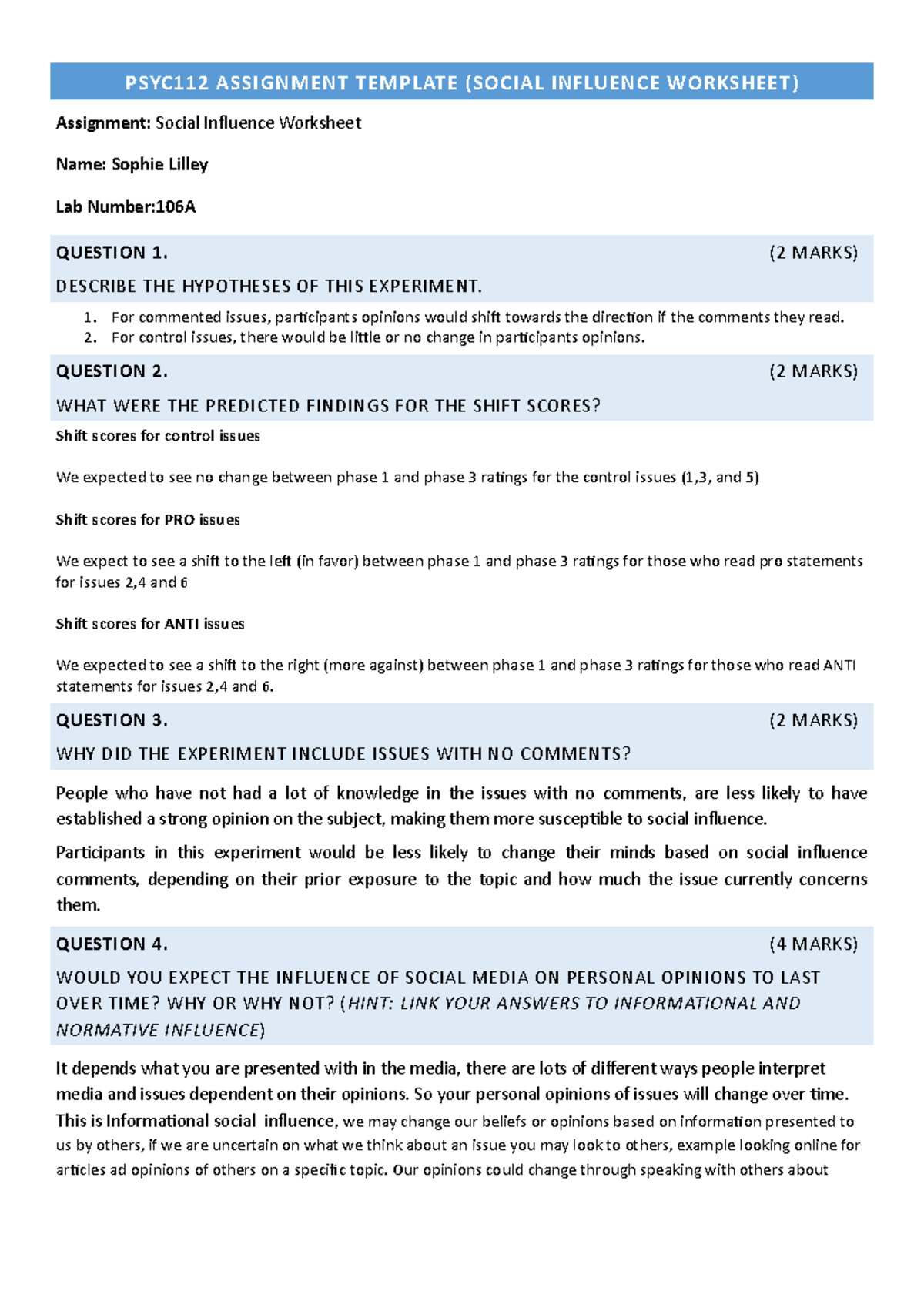 Lab 7 Social Influence worksheet - Human Thought and Behaviour ...