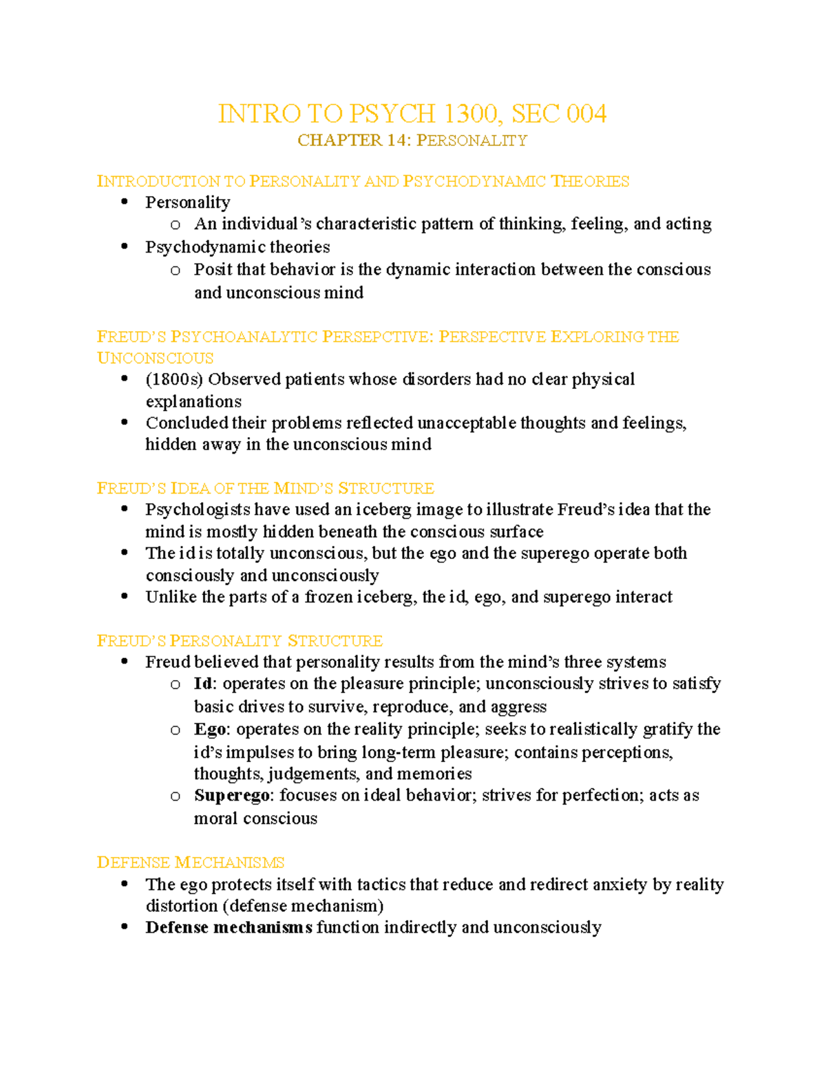 Psych notes, ch. 14 - personality, Dr. Juan Angulo - PSY 1300 - TXST ...