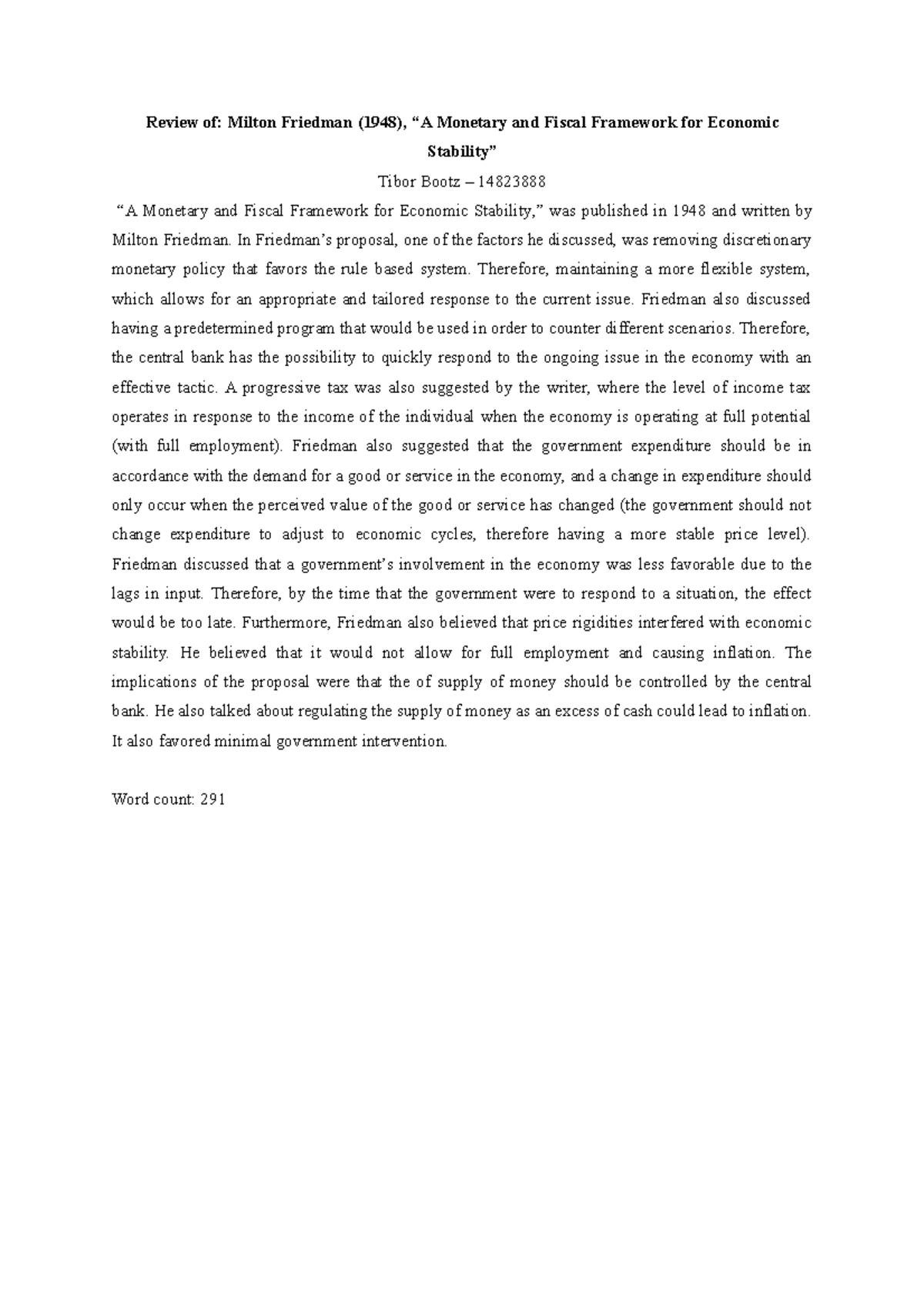 Review of - Milton Friedman (1948), “A Monetary and Fiscal Framework ...