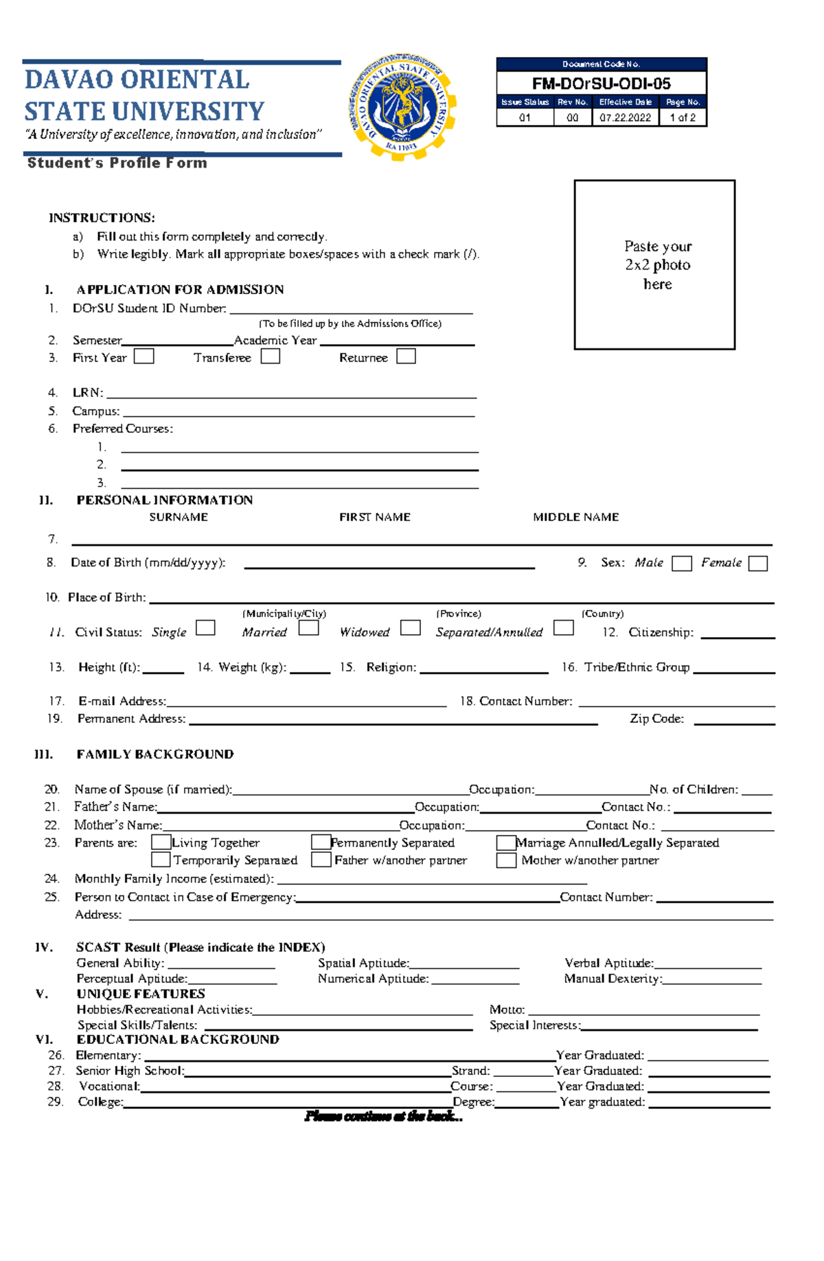 Student Profile Form (SPF) - Document Code No. FM-DOrSU-ODI- Issue ...