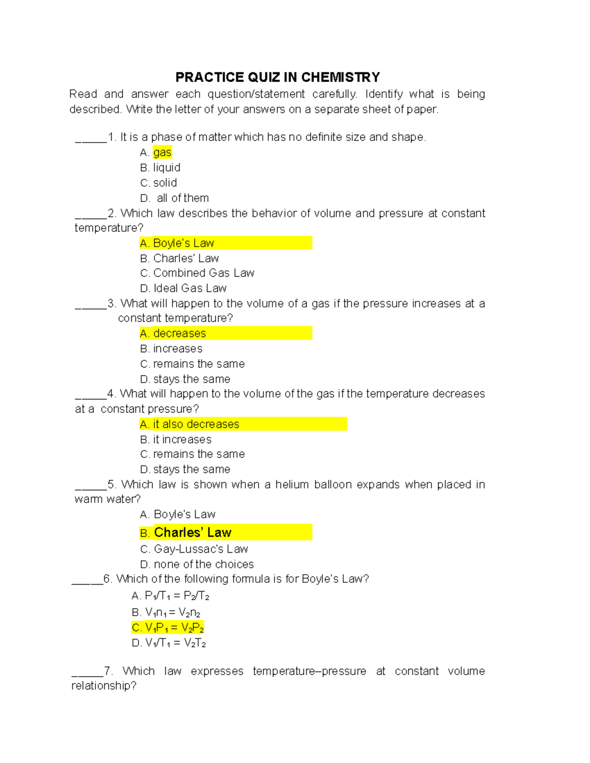 Practice QUIZ IN Chemistry - PRACTICE QUIZ IN CHEMISTRY Read and answer ...