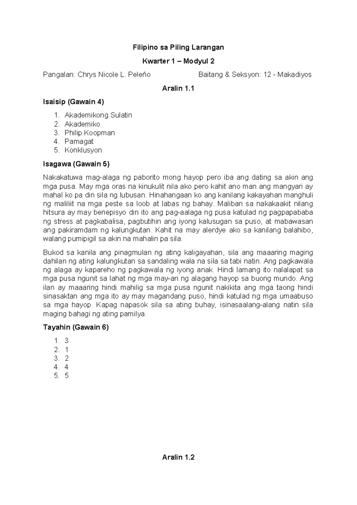 Q1 M2 Week 3 to 4 Filipino sa Piling Larangan - Filipino sa Piling Larangan Kwarter 1 – Modyul 2 ...