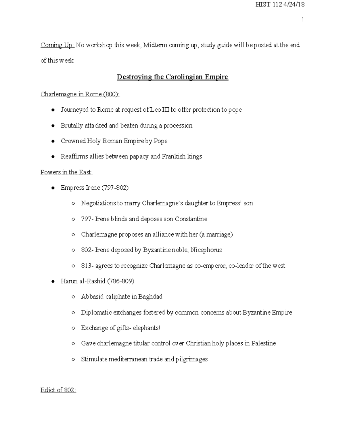 HIST 112 Notes 4 24 18 - Professor Eurich - HIST 112 4/24/18 1 Coming ...