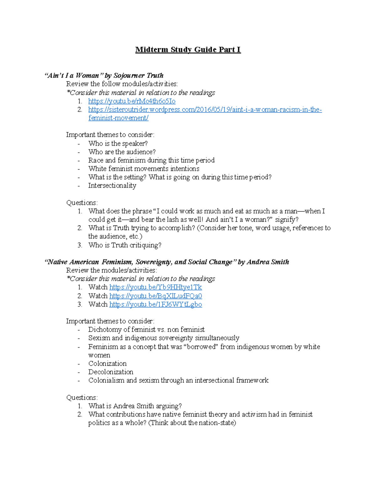 Midterm Study Guide Part I - Midterm Study Guide Part I “Ain’t I a ...