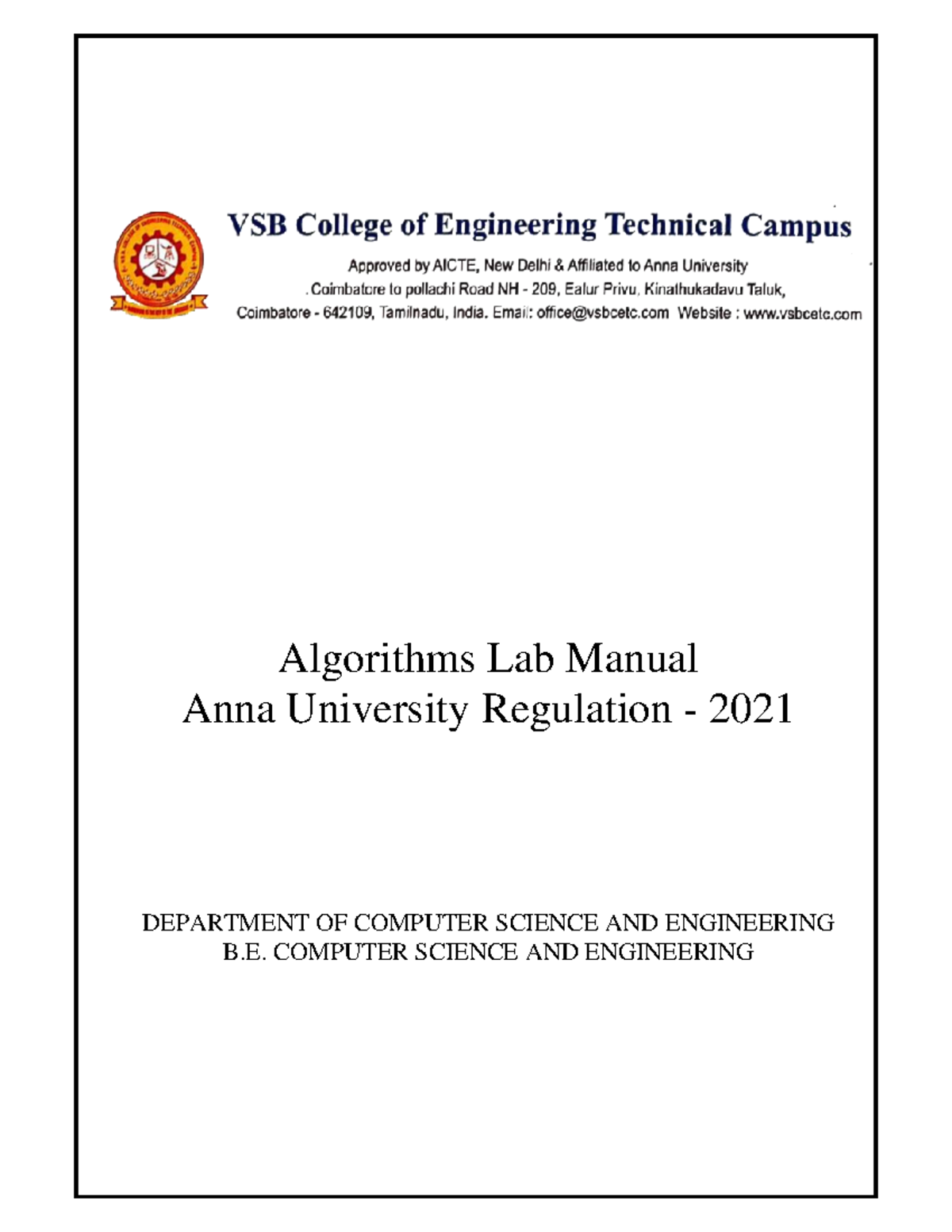 Algorithm Lab Manual Algorithms Lab Manual Anna University Regulation 2021 Department Of
