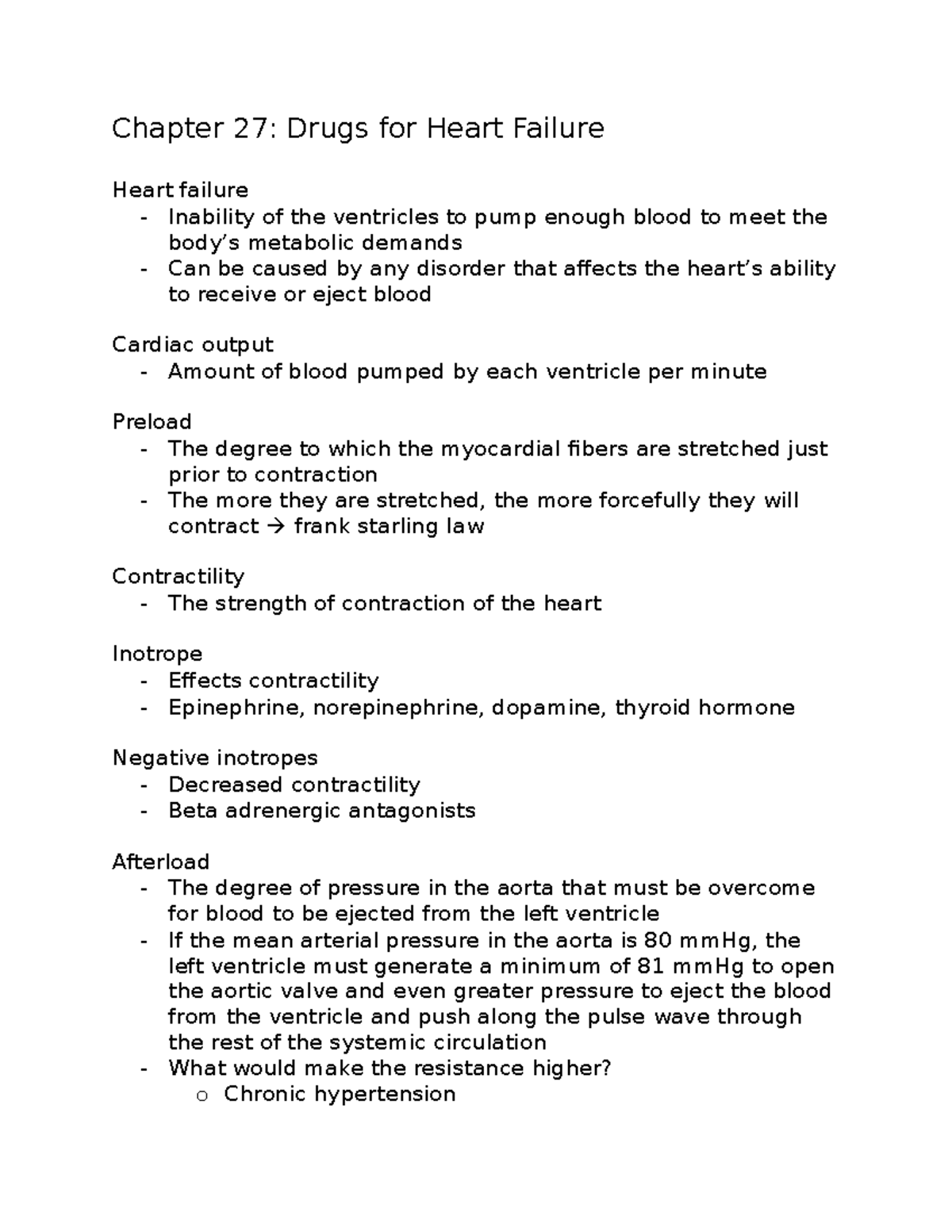 Pharm note 3 - lecture notes - Chapter 27: Drugs for Heart Failure ...