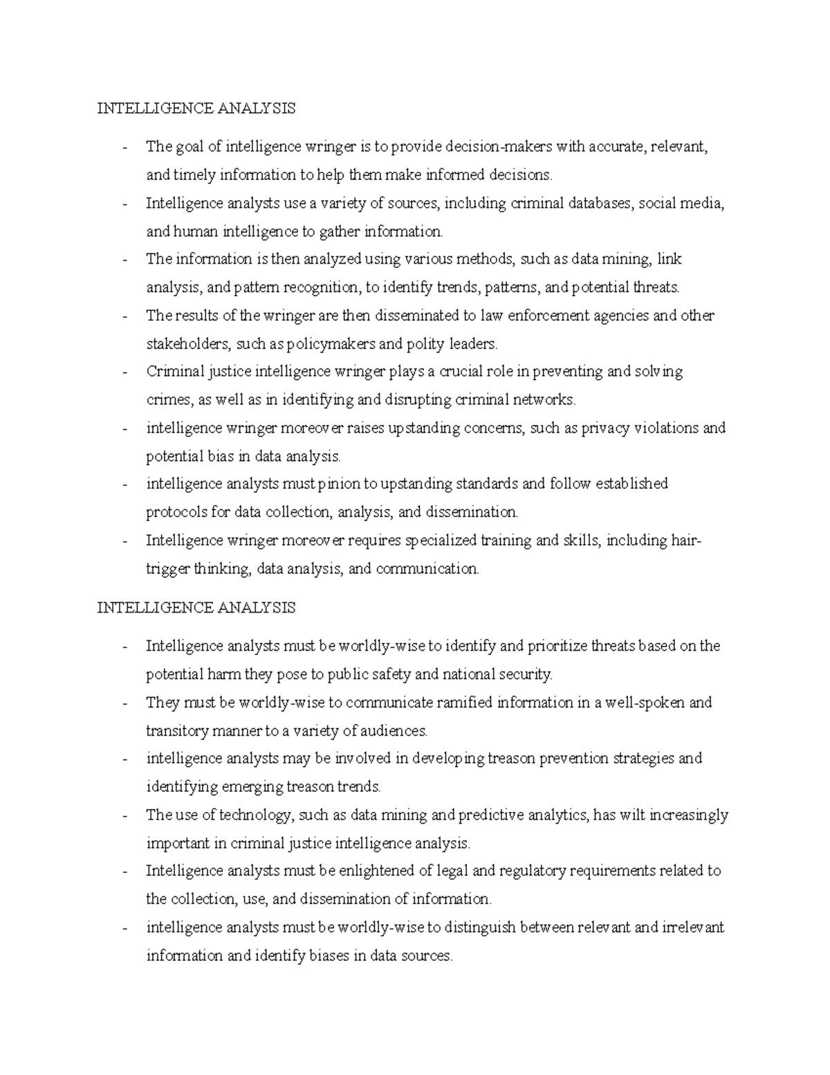 Intelligence Analysis notes - INTELLIGENCE ANALYSIS The goal of ...