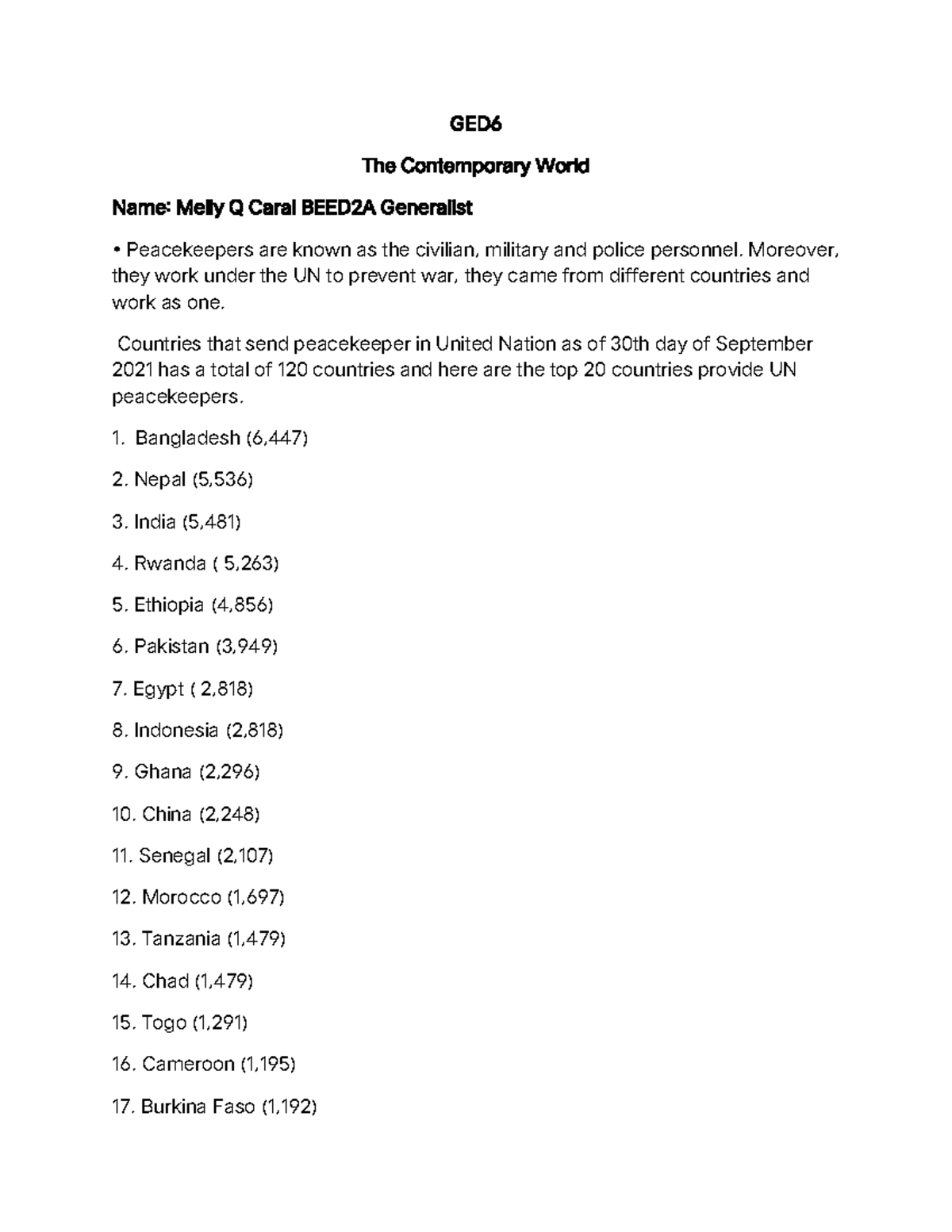 The contemporary word Quiz 4 - GED 6 The Contemporary World Name: Melly ...