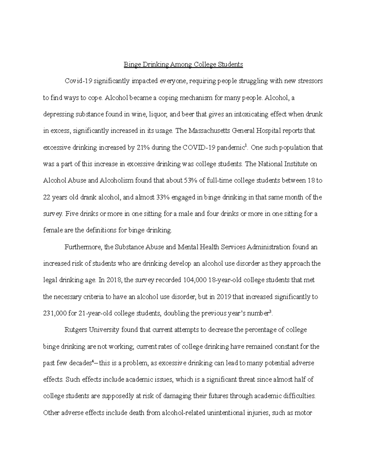 FYS Paper 1 Drug Abuse Addiction Prevention - Binge Drinking Among ...
