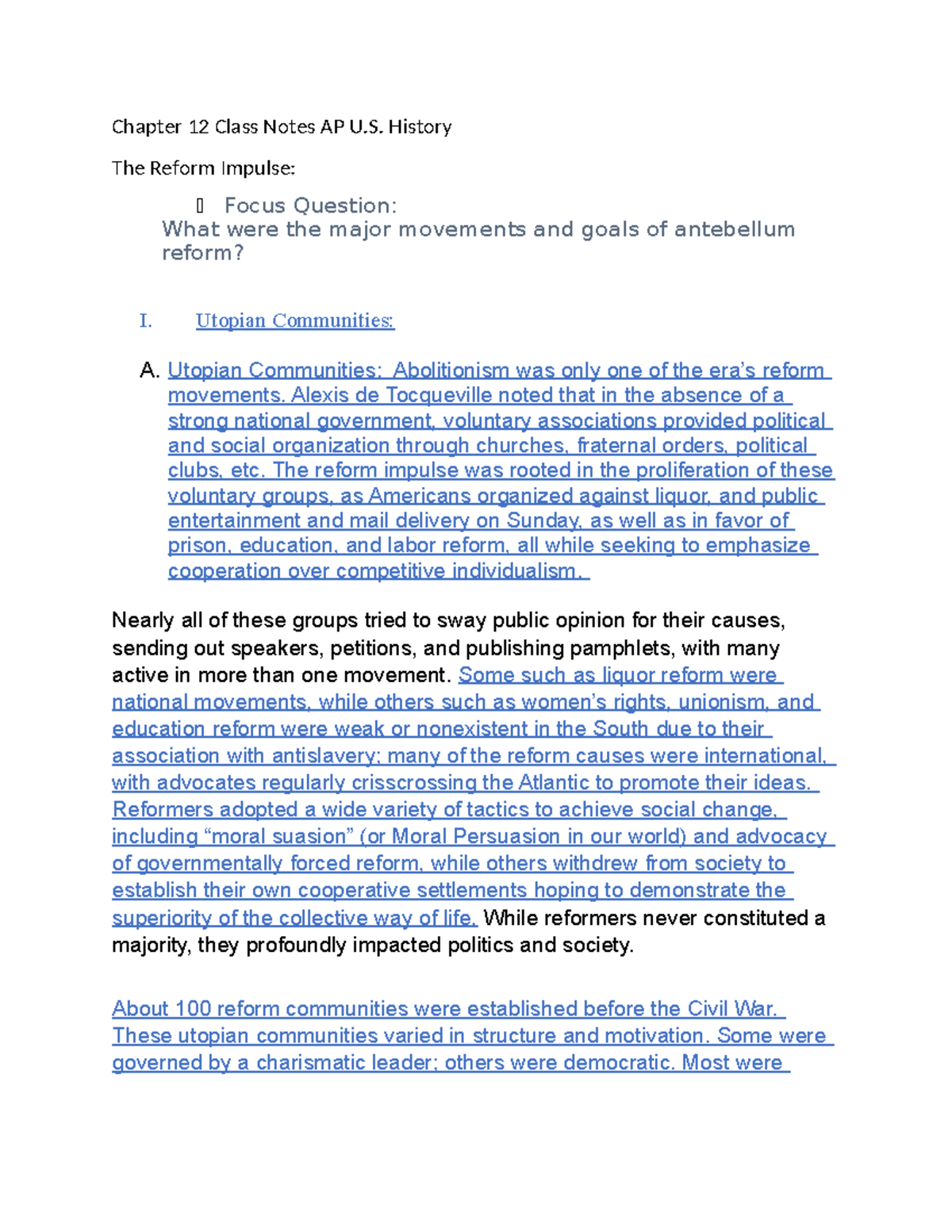 Chapter 12 Class Notes AP U - History The Reform Impulse: Focus ...