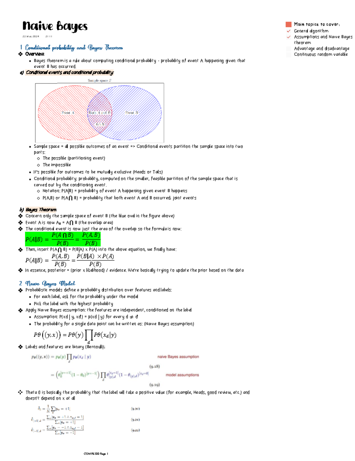 Naive bayes - Overview: Bayes theorem is a rule about computing conditional probability - - Studocu