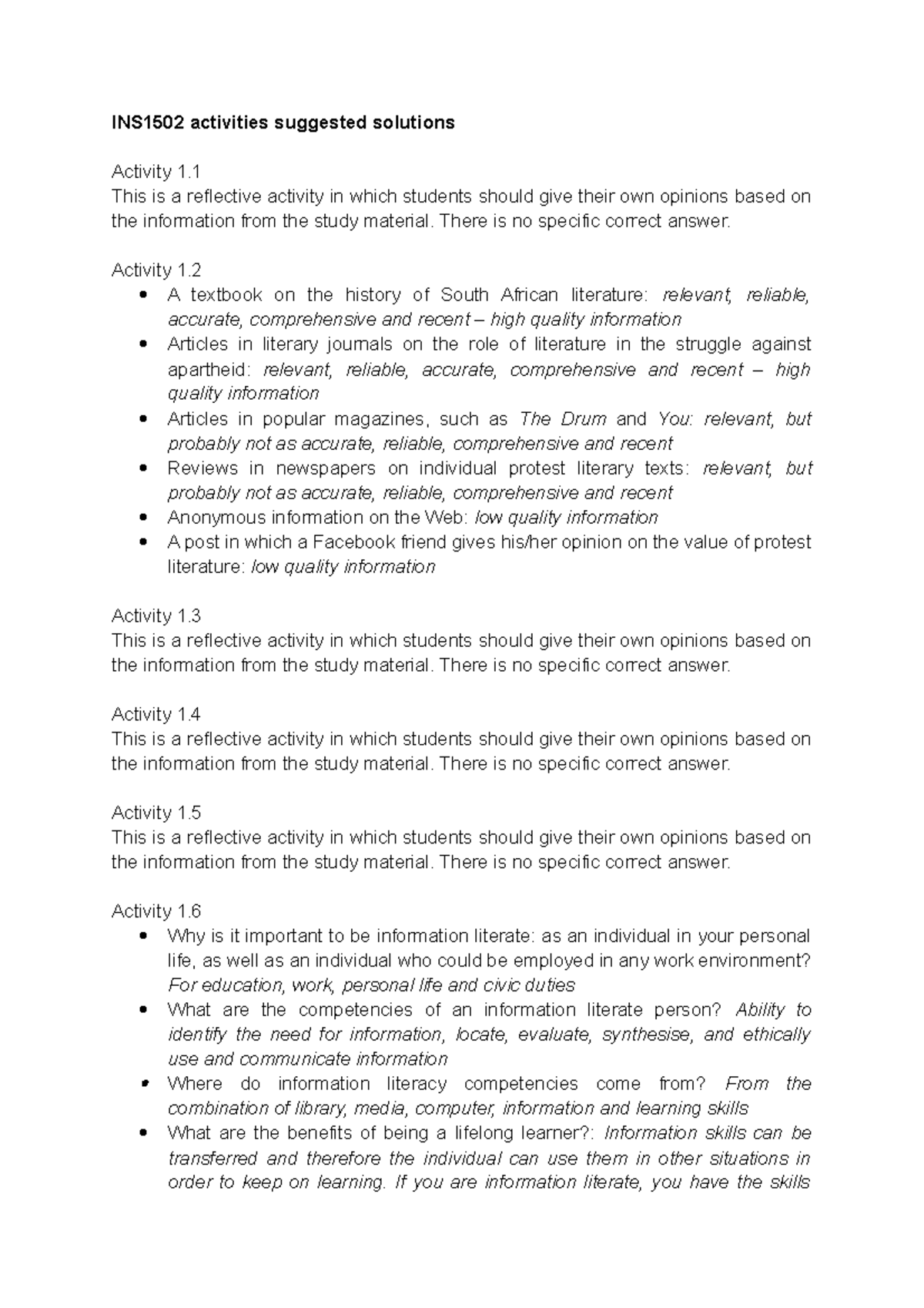 INS1502 Activities suggested solutions - INS1502 - Unisa - Studocu