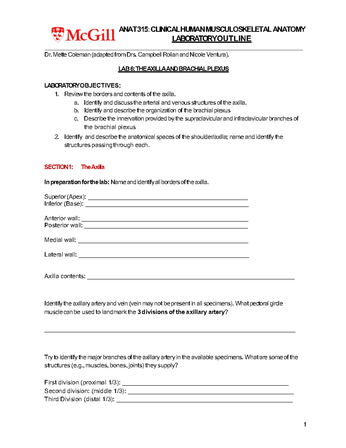 ANAT315 - Lab 6 - The Axilla and Brachial Plexus F2024 - ANAT 315 ...