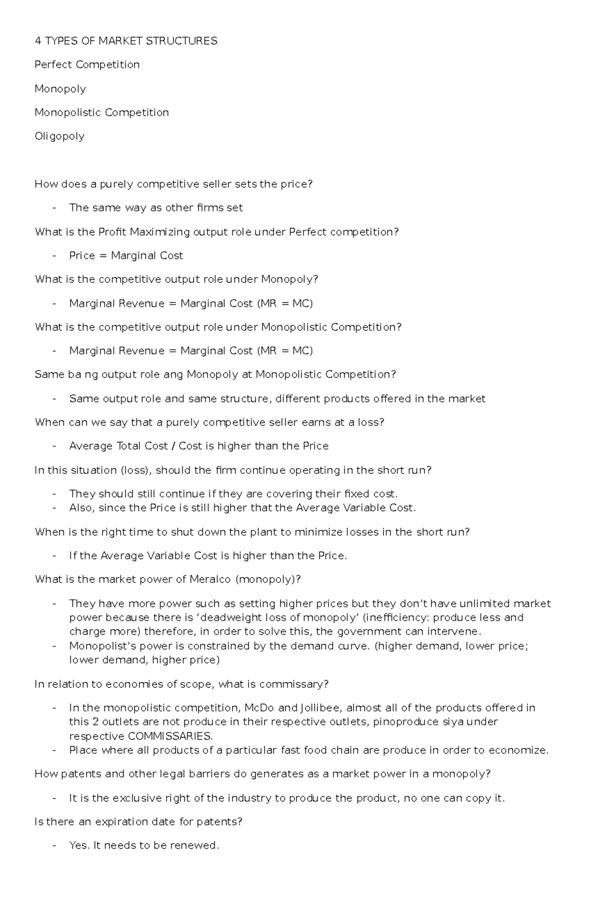 ECON Quiz 3 Module 5&6 Formulas - 4 TYPES OF MARKET STRUCTURES Perfect ...