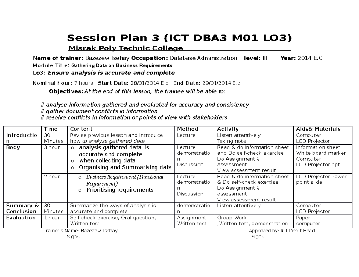 Session Plan 3 dba L III sample - Session Plan 3 (ICT DBA3 M01 LO3 ...