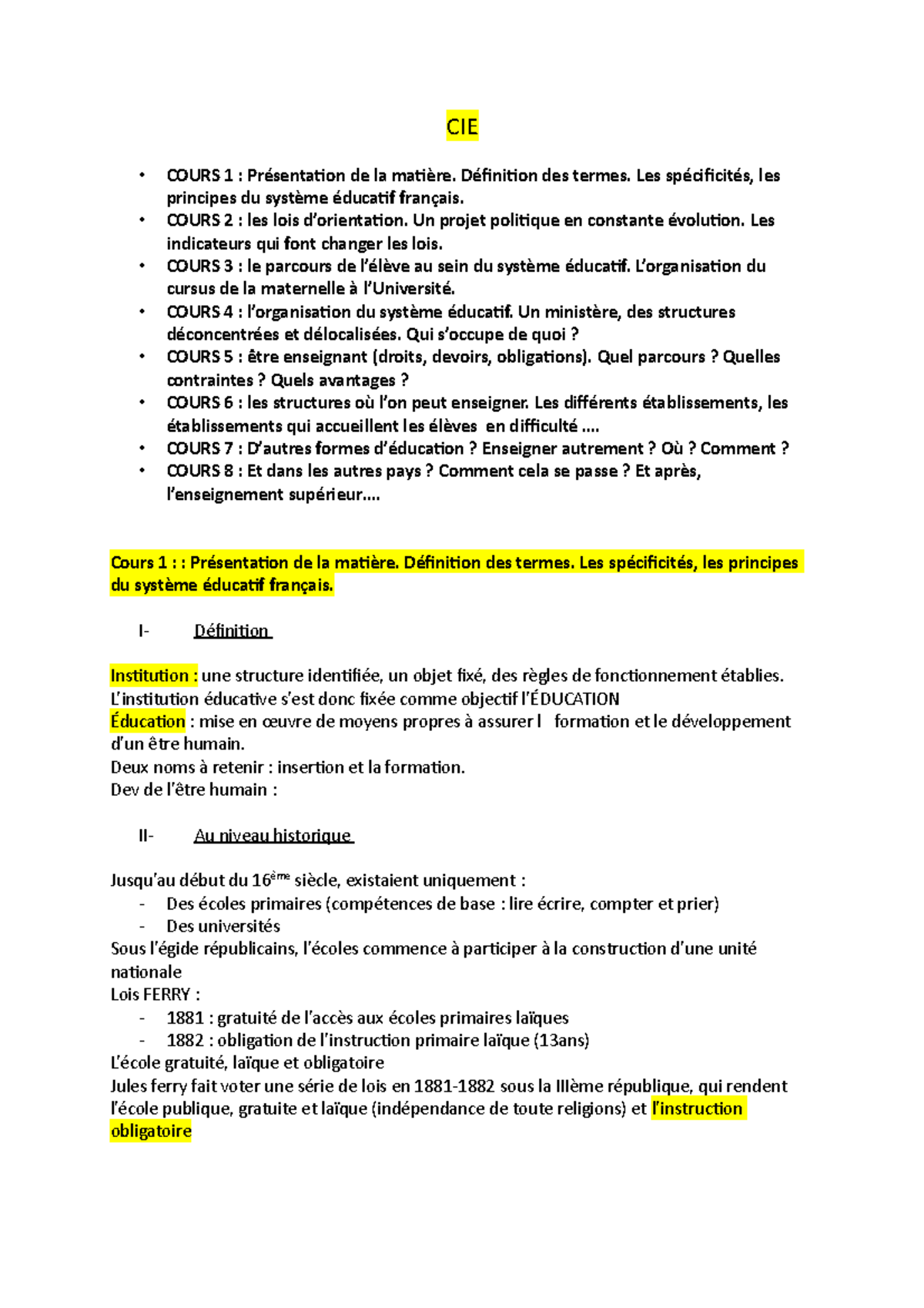 CIE leçon 1 - cours staps - CIE COURS 1 : Présentation de la matière ...
