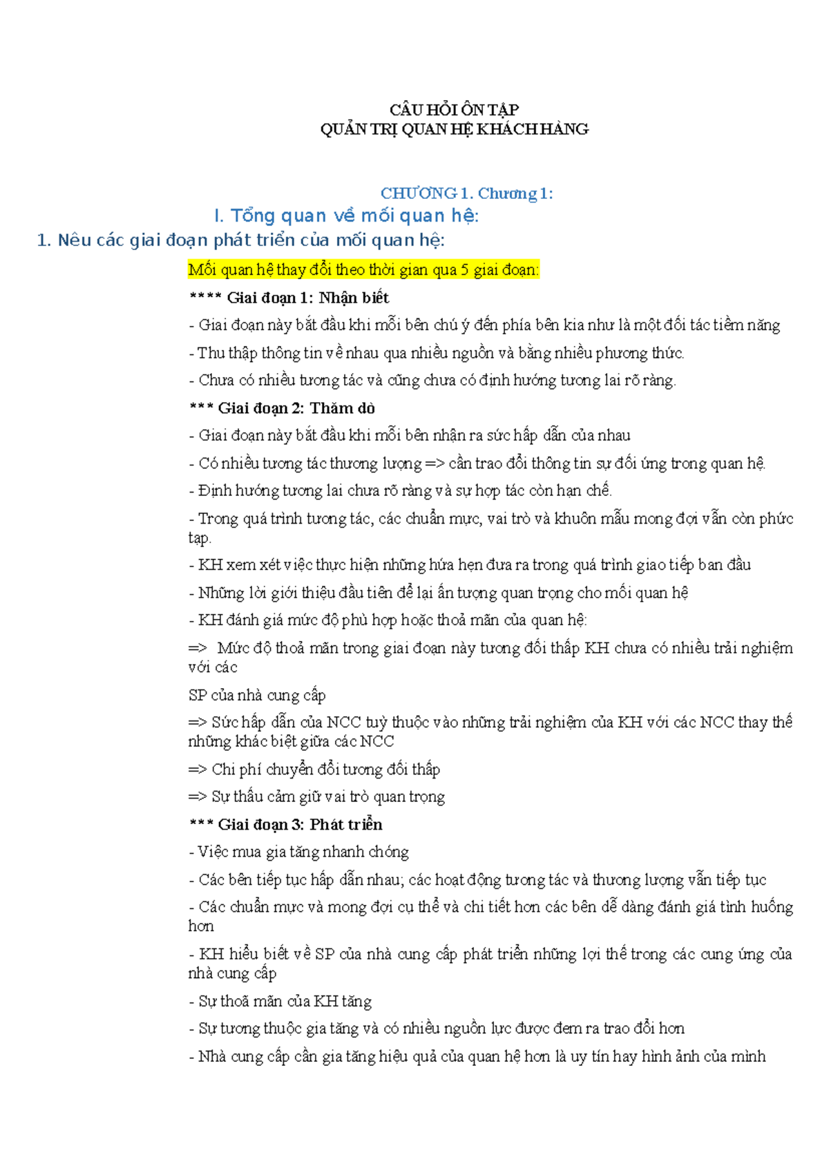 CÂU HỎI ÔN TẬP Quản trị quan hệ khách hàng cuối kì - CÂU HỎI ÔN TẬP ...