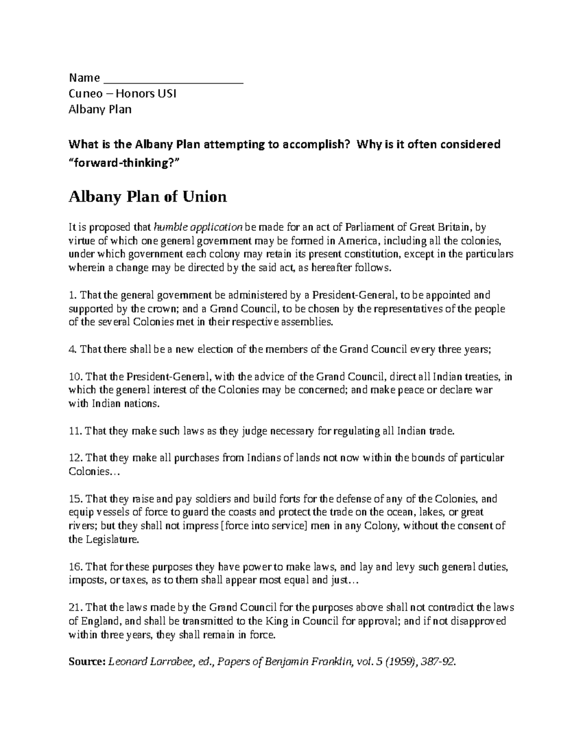 Albany Plan activity practice questions - Name Cuneo Honors USI Albany ...