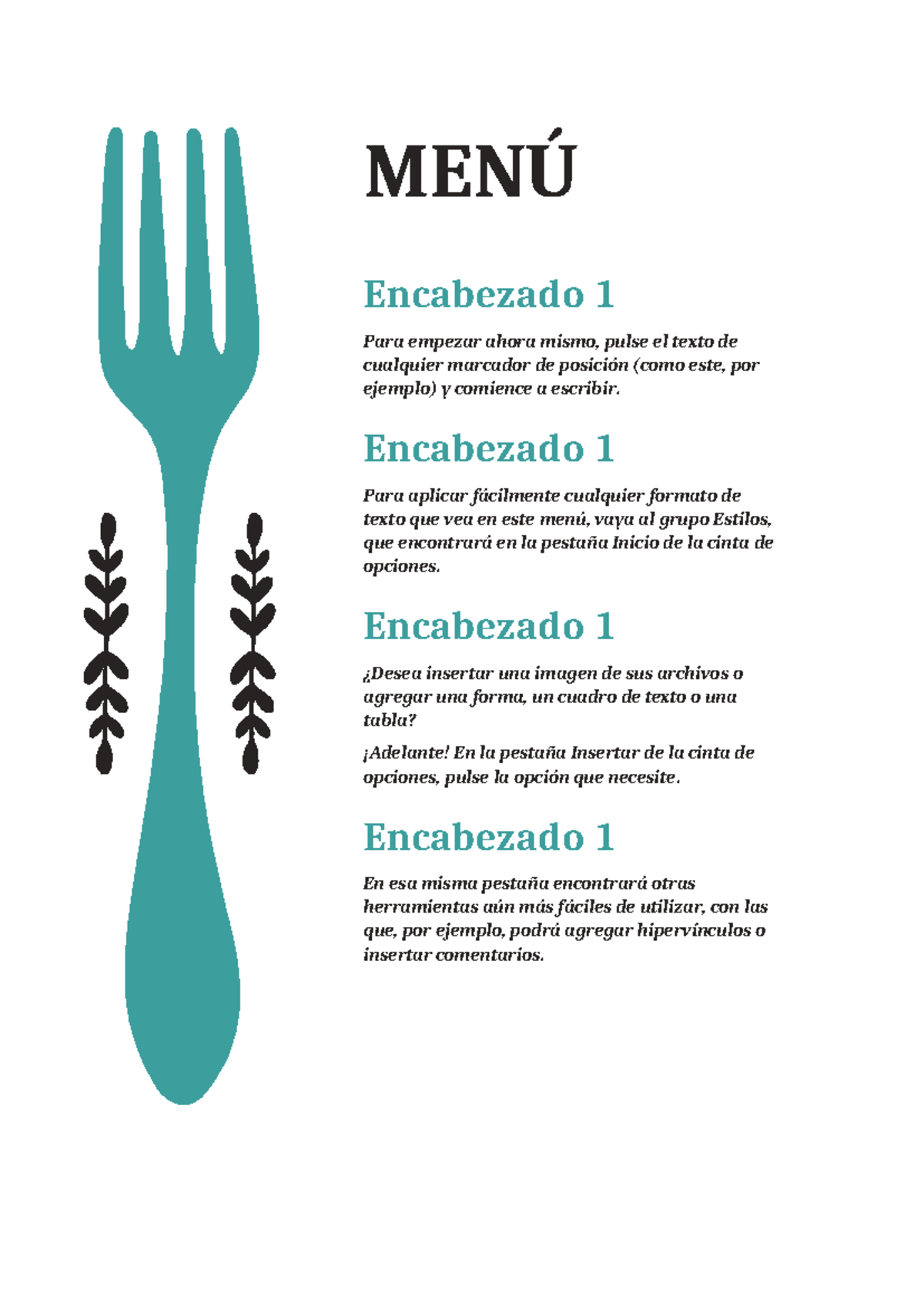 Menu restaurant - MENÚ Encabezado 1 Para empezar ahora mismo, pulse el ...