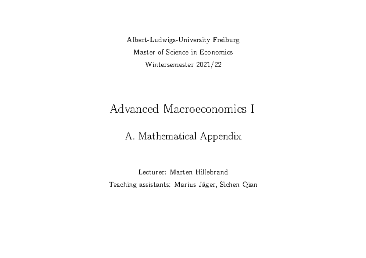 Advanced Macro 1 Appendix - Albert-Ludwigs-University Freiburg Master of Science in Economics ...
