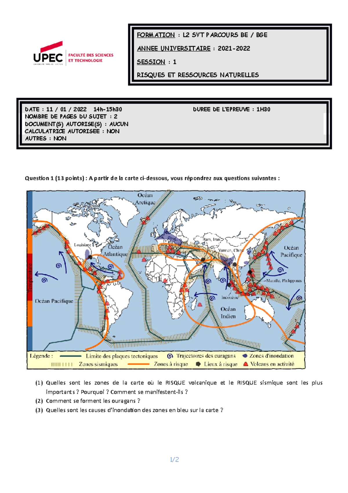 2021 2022 S1 L2 SVT Risques Examen - FORMATION : L2 SVT PARCOURS BE / BGE ANNEE UNIVERSITAIRE ...