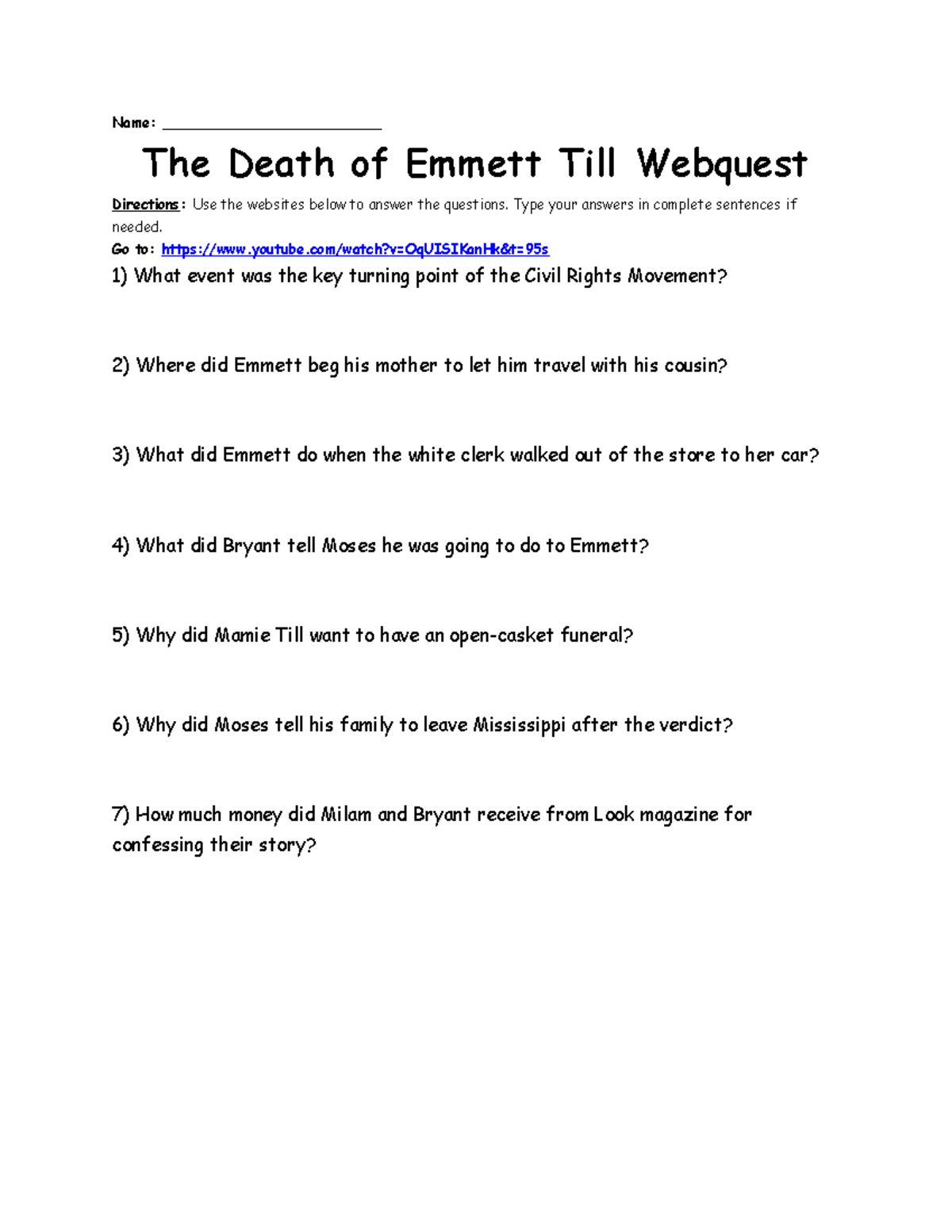 Emmett Till Web Quest - work - Name: _________________________ The ...