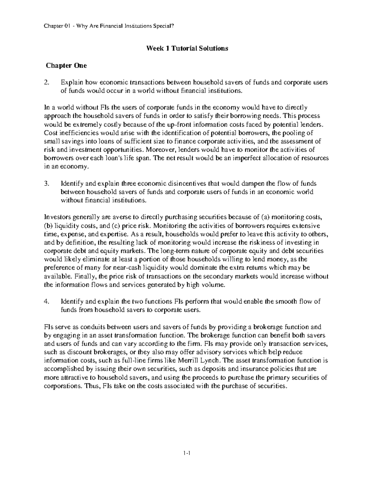 Week 1 Tutorial Solutions - Chapter 01 Why Are Financial Institutions ...