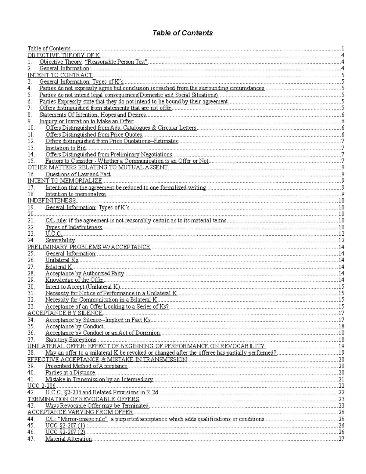 Prof Bender - Contracts - Table of Contents Table of - Studocu