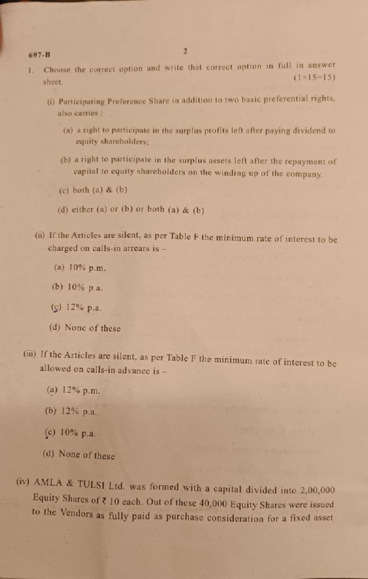 Bcom(H) SOL 2022 - practice - 697-B ICho0se the correct option and rite that correct option in ...