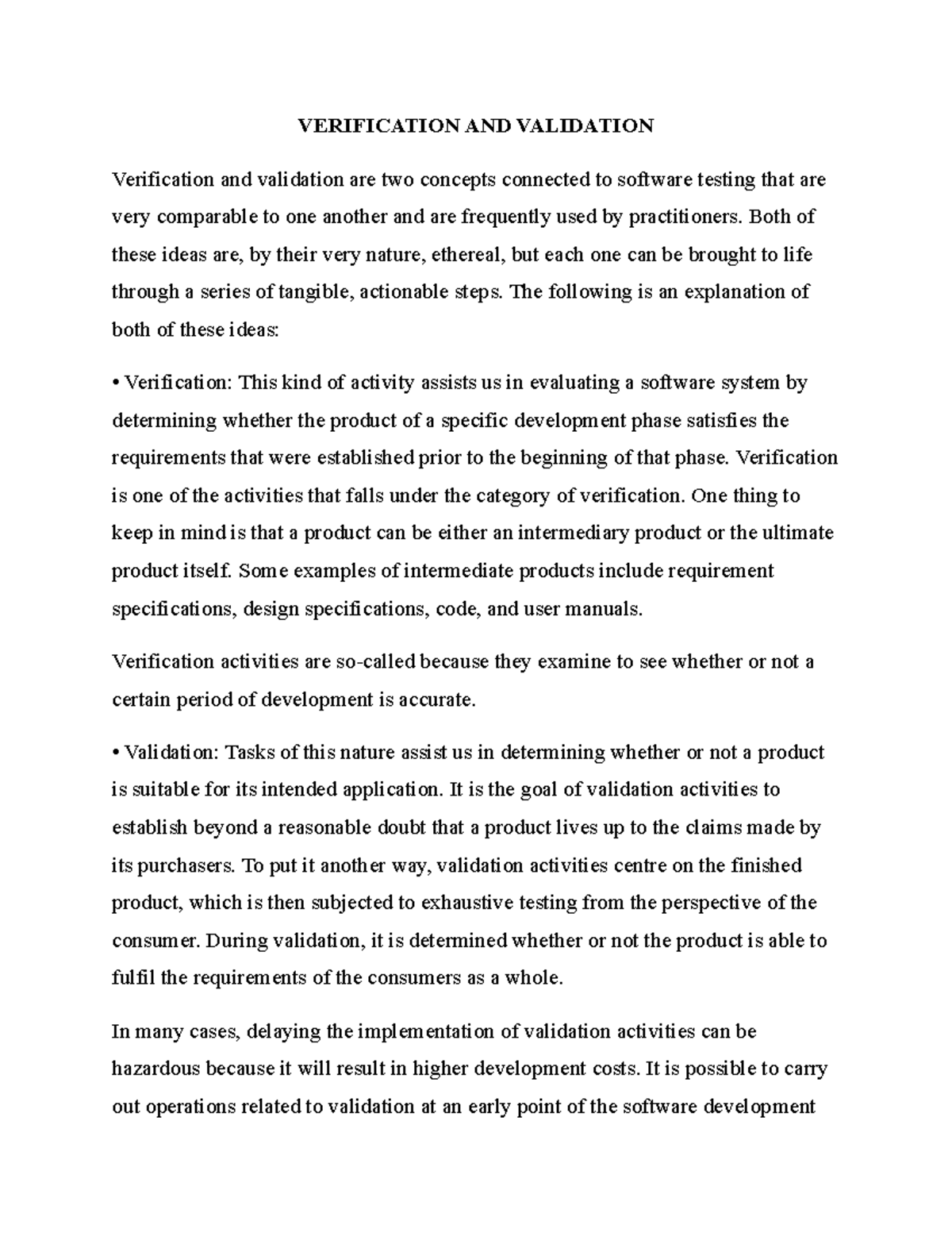 Verification AND Validation - VERIFICATION AND VALIDATION Verification and validation are two ...